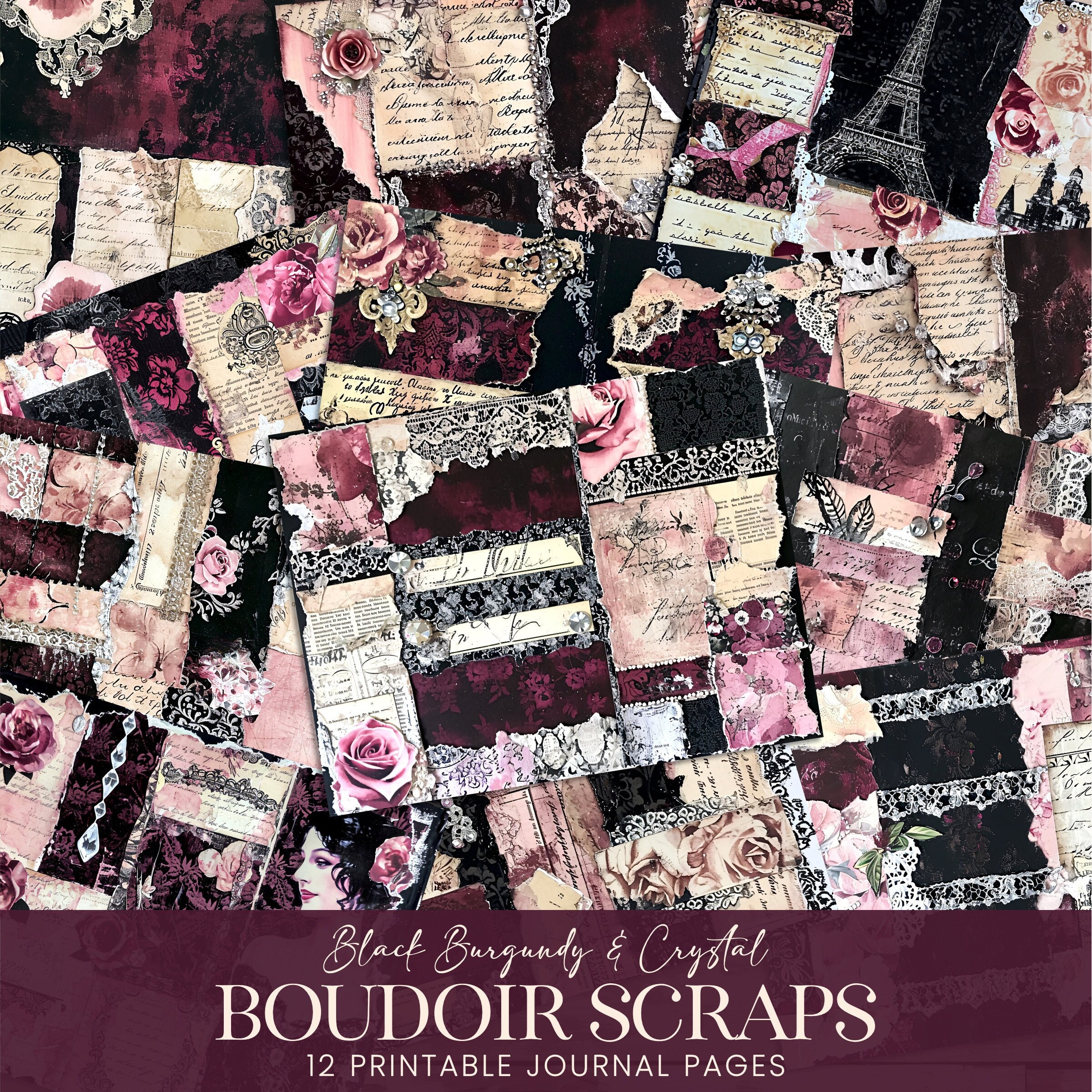 Boudoir Chic Pattern Sampler Junk Journal Pages, Black Lace Burgundy ...