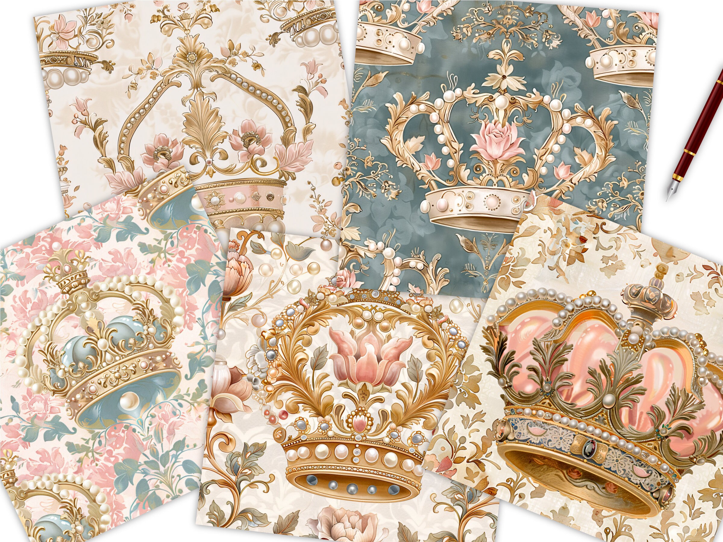 Princess Crowns Damask Seamless Patterns, Pearls Gold Scrapbook Paper ...