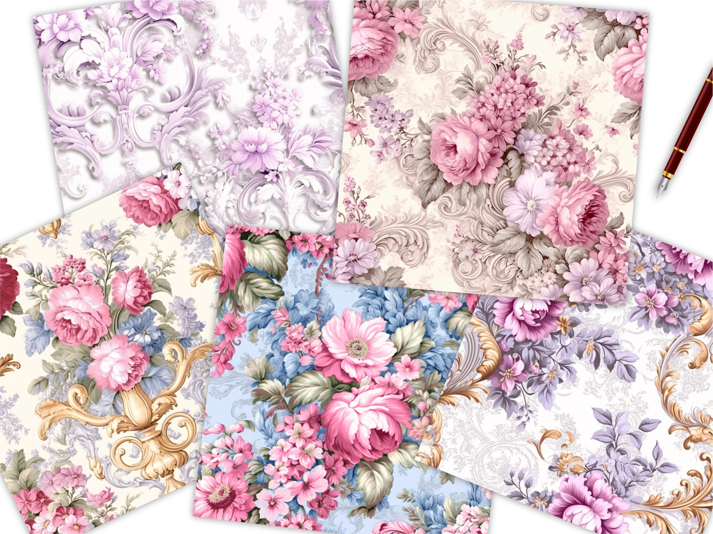 Pastel Florals Digital Papers Neoclassical Flourish Seamless - Etsy