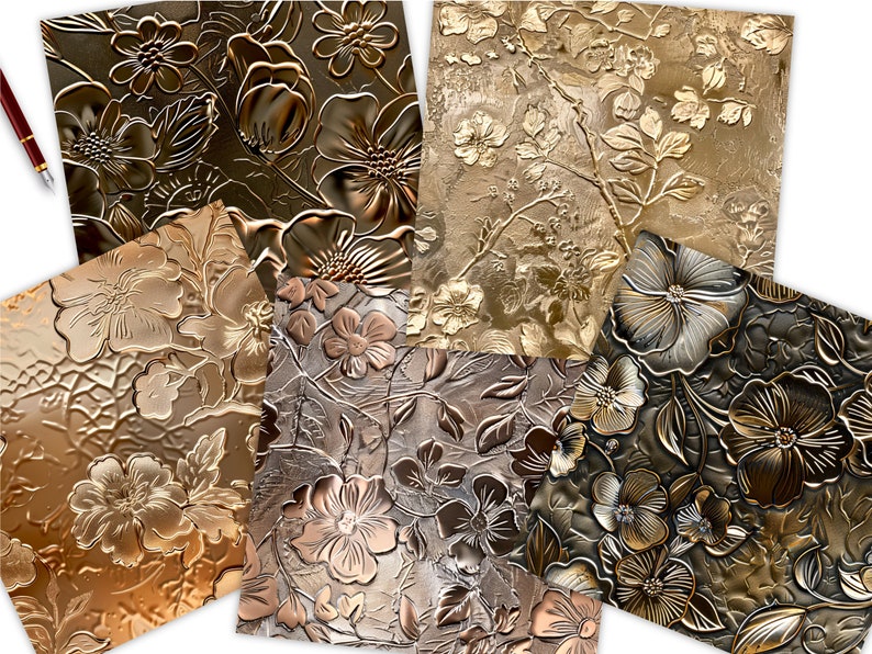 Embossed Florals on Tin Seamless Patterns, Luxury Metal Printable ...
