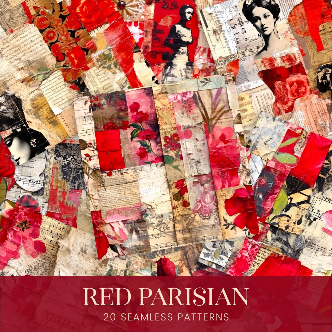 Red Paris Collage Seamless Patterns, Scarlet Distressed French Junk ...