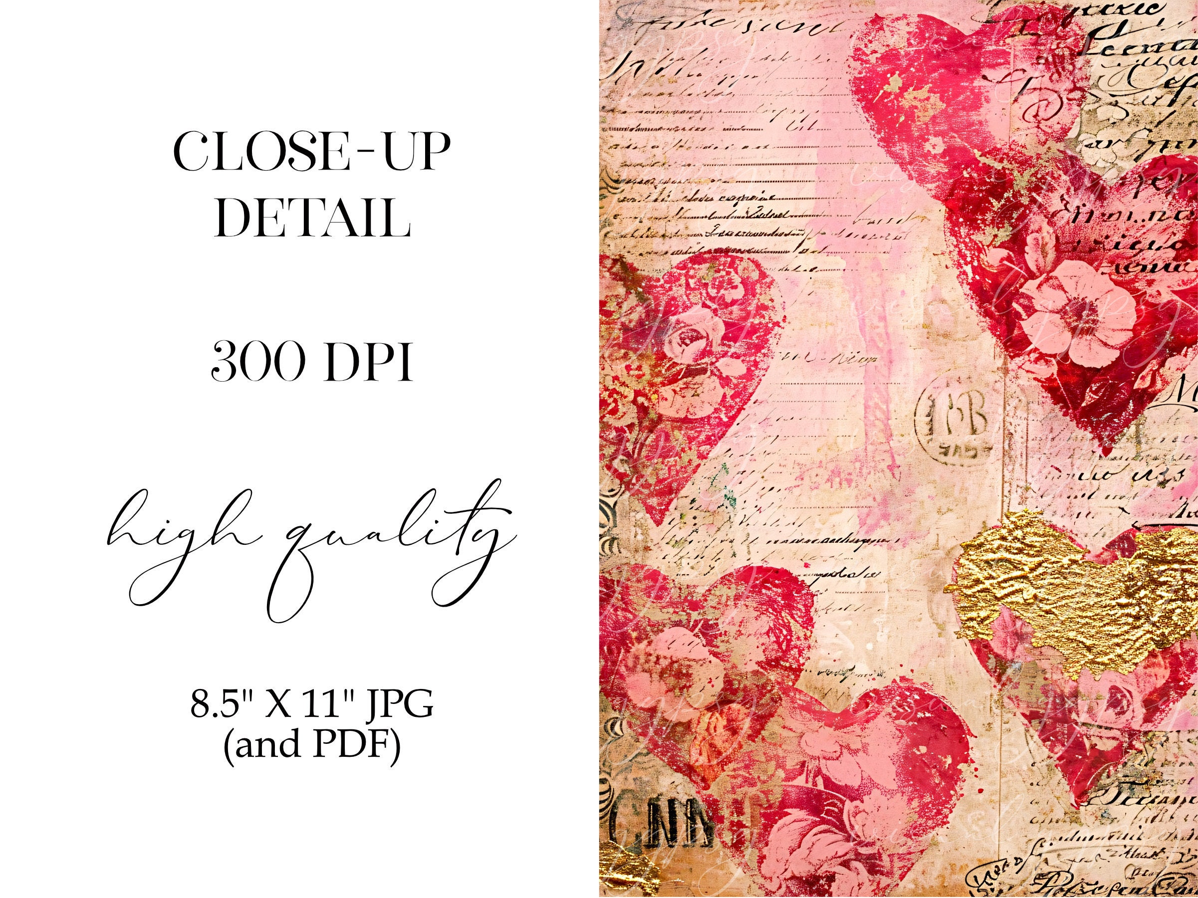 Hearts Junk Journal Pages, Stamped Watercolor Valentine's Day Digital ...