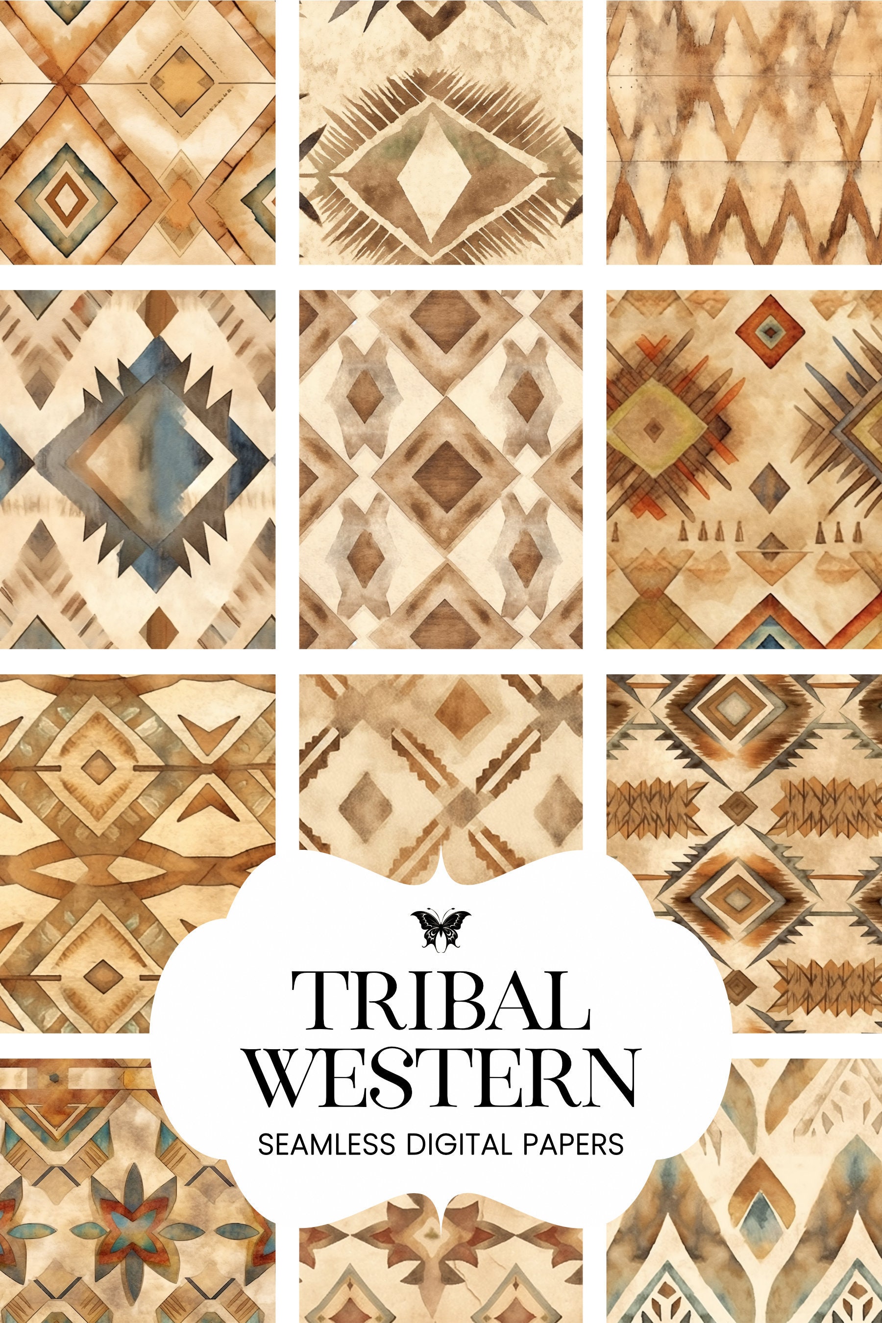 Distressed Tribal Seamless Patterns, Rustic Western Grunge Digital ...