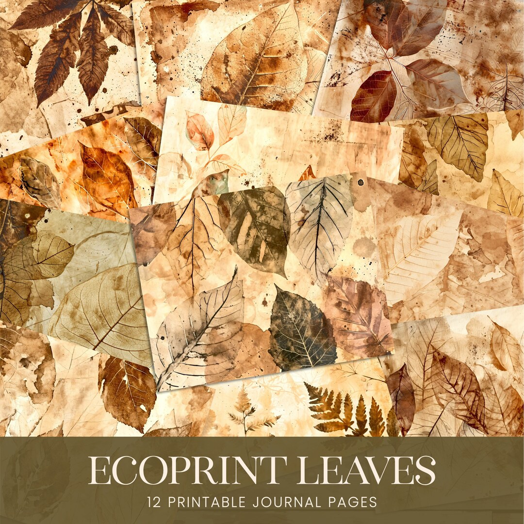 Eco Print Leaves Junk Journal Pages, Brown Dyed Watercolor Leaf Digital ...