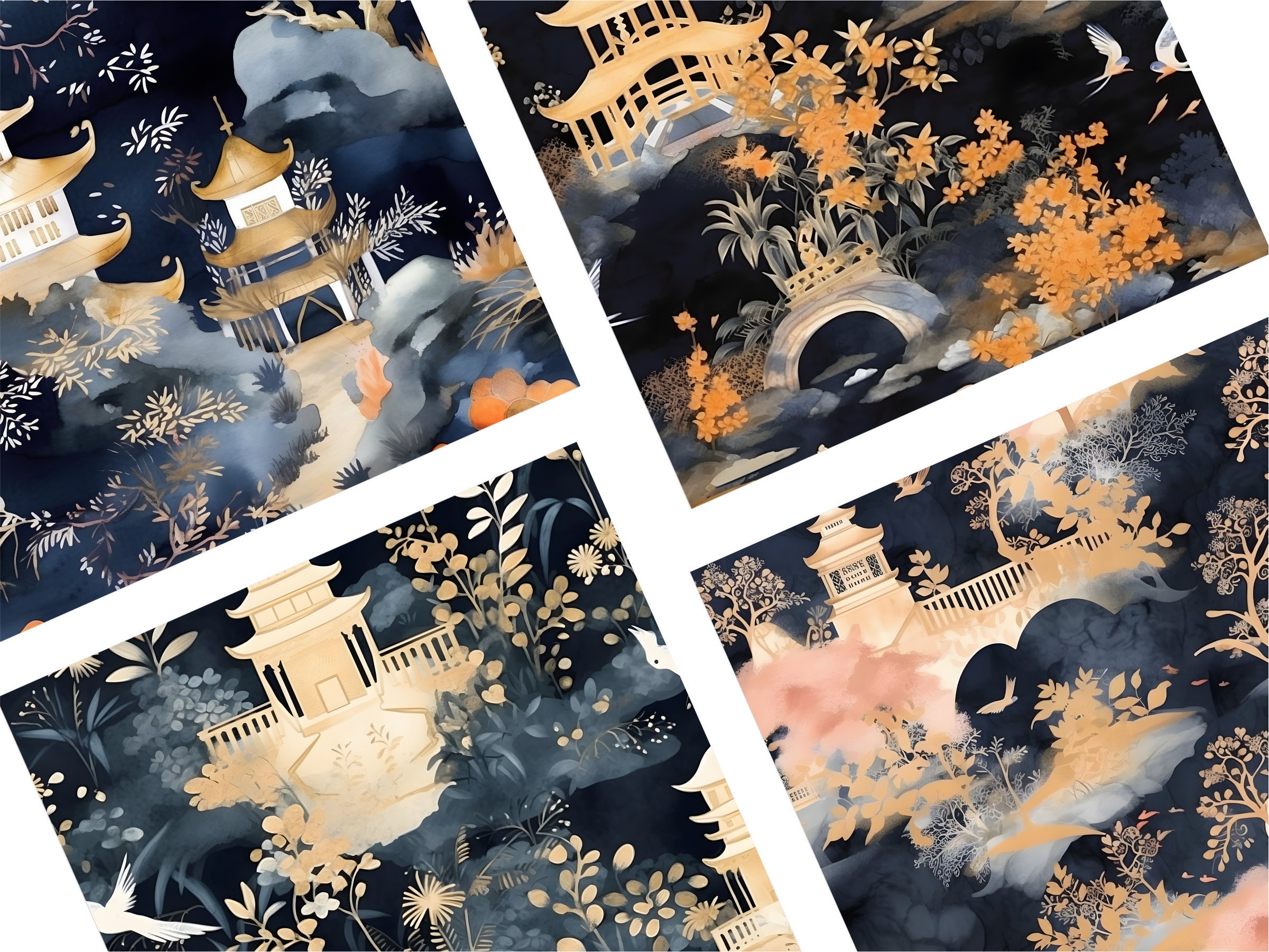 Dark Chinoiserie Digital Papers, Asian Art Scenes Seamless Patterns ...