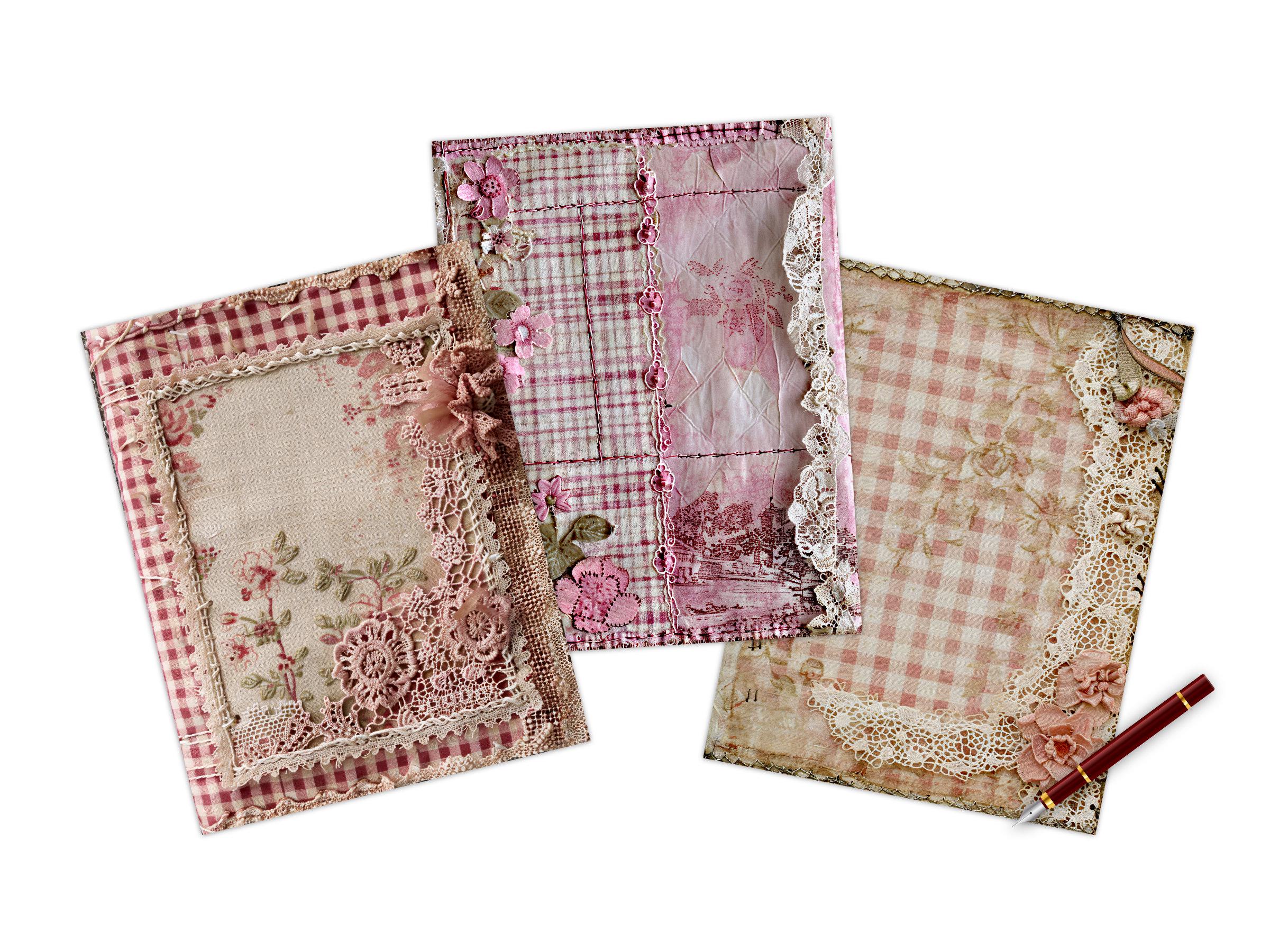 Grunge Gingham Book Covers, Pink Linen Cloth Floral Fabric Junk Journal ...