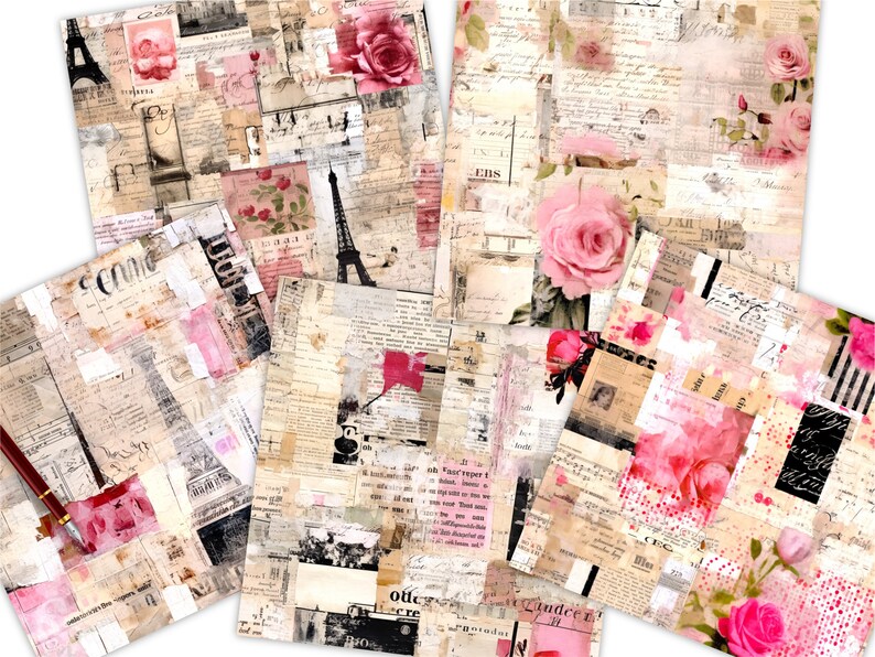 Pink Paris Collage Seamless Patterns, Distressed French Junk Journal ...