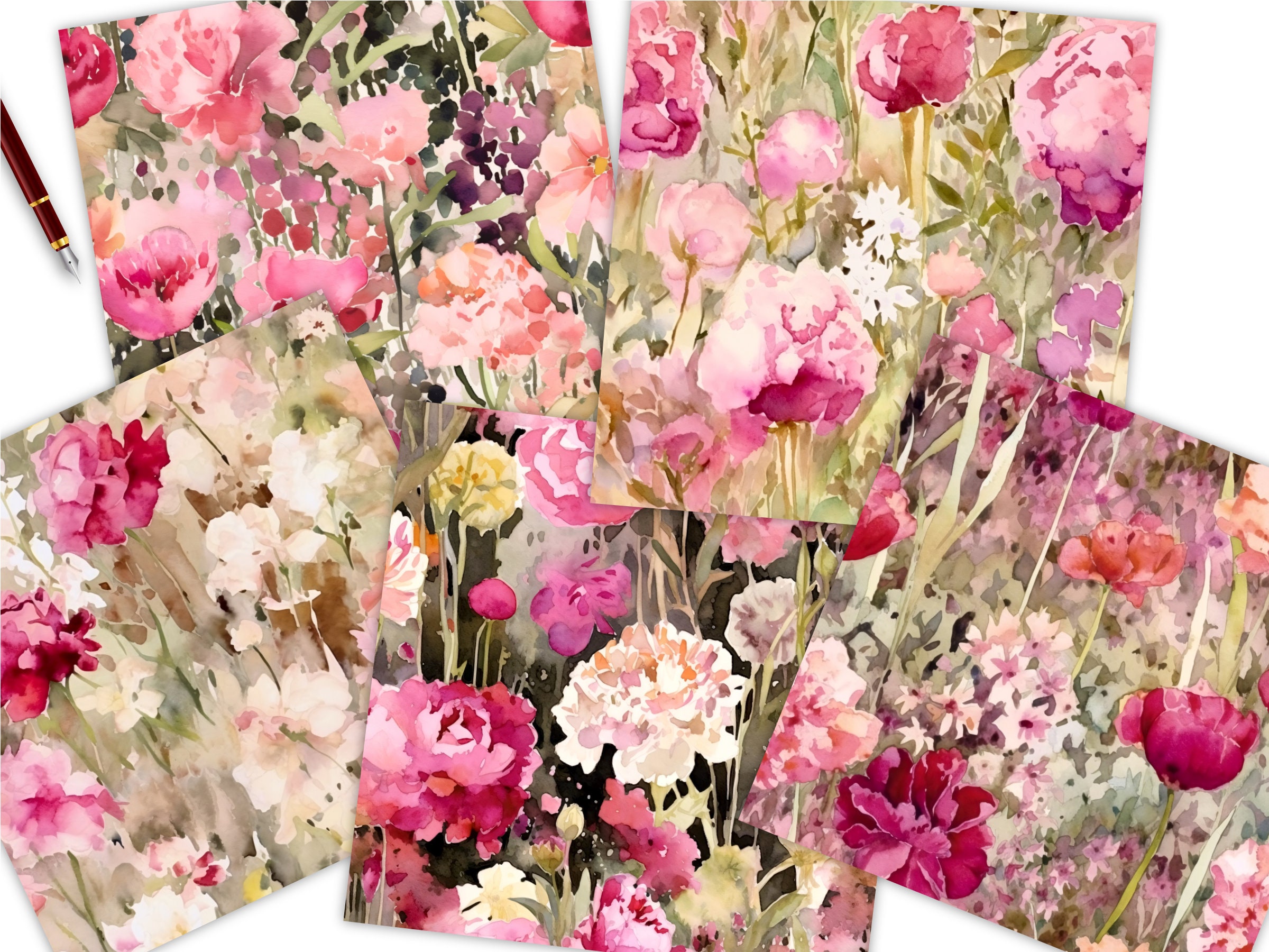 French Garden Flowers Seamless Patterns, Berry Red Pink Modern ...