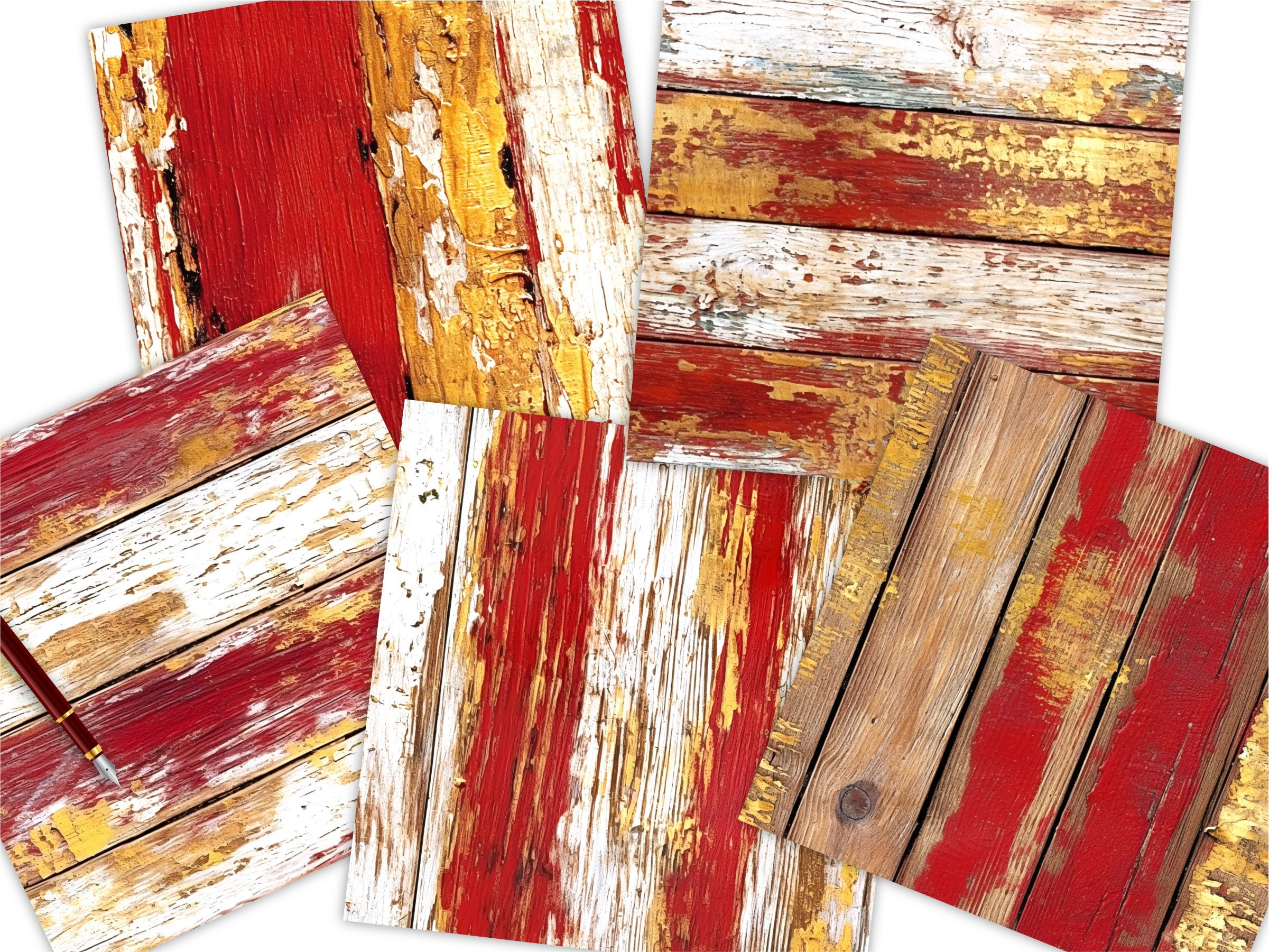 Red and Gold Wood Seamless Patterns, Rustic Crimson Painted Farmhouse ...