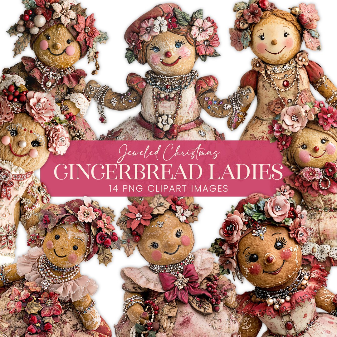 Christmas Gingerbread Ladies PNG Clipart, Cute Jeweled Holiday Grandmas ...