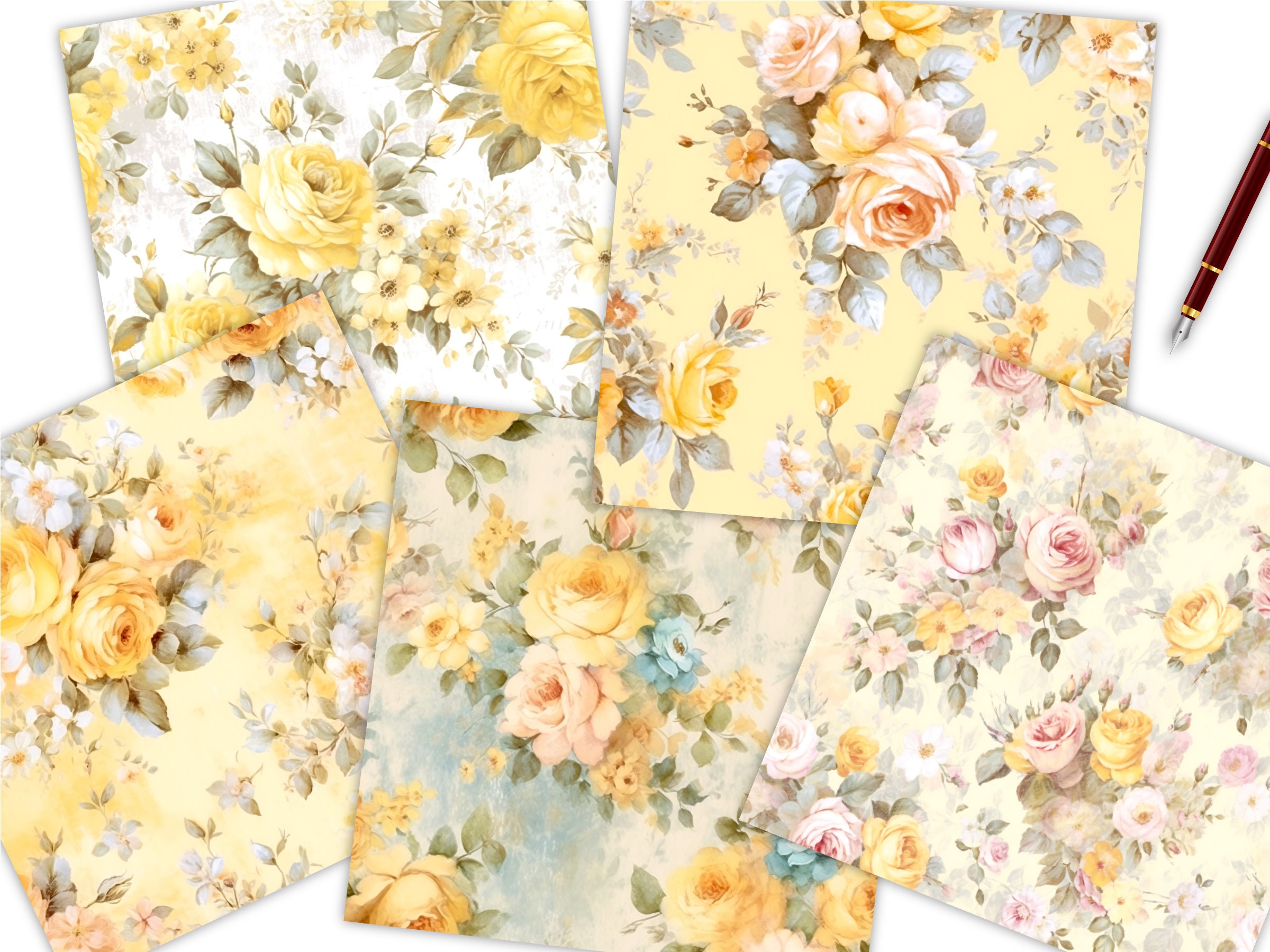 Yellow Roses Seamless Patterns, Pastel Shabby Chic Watercolor Florals ...