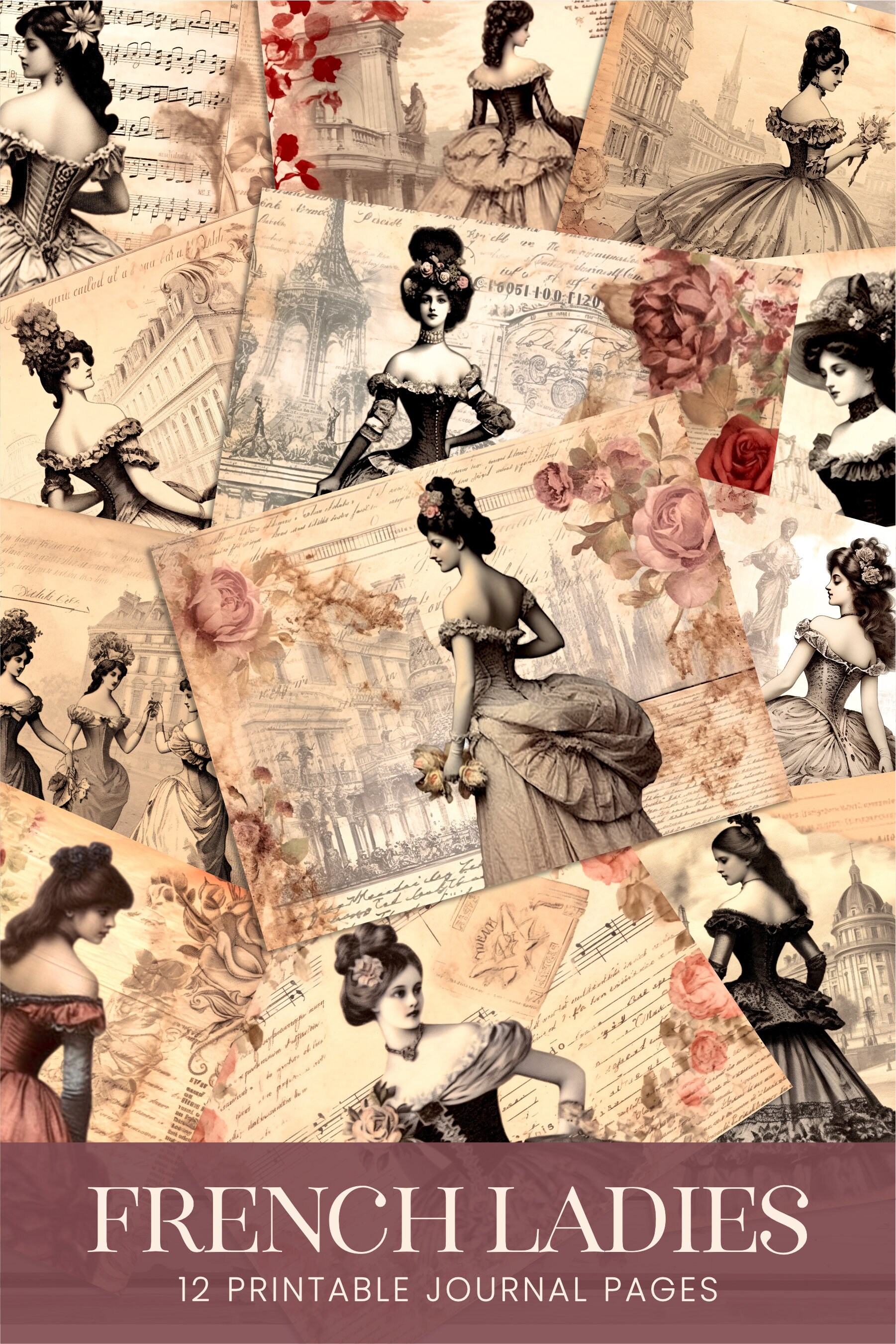 Vintage French Ladies Junk Journal Pages, Paris Scenes Watercolor ...