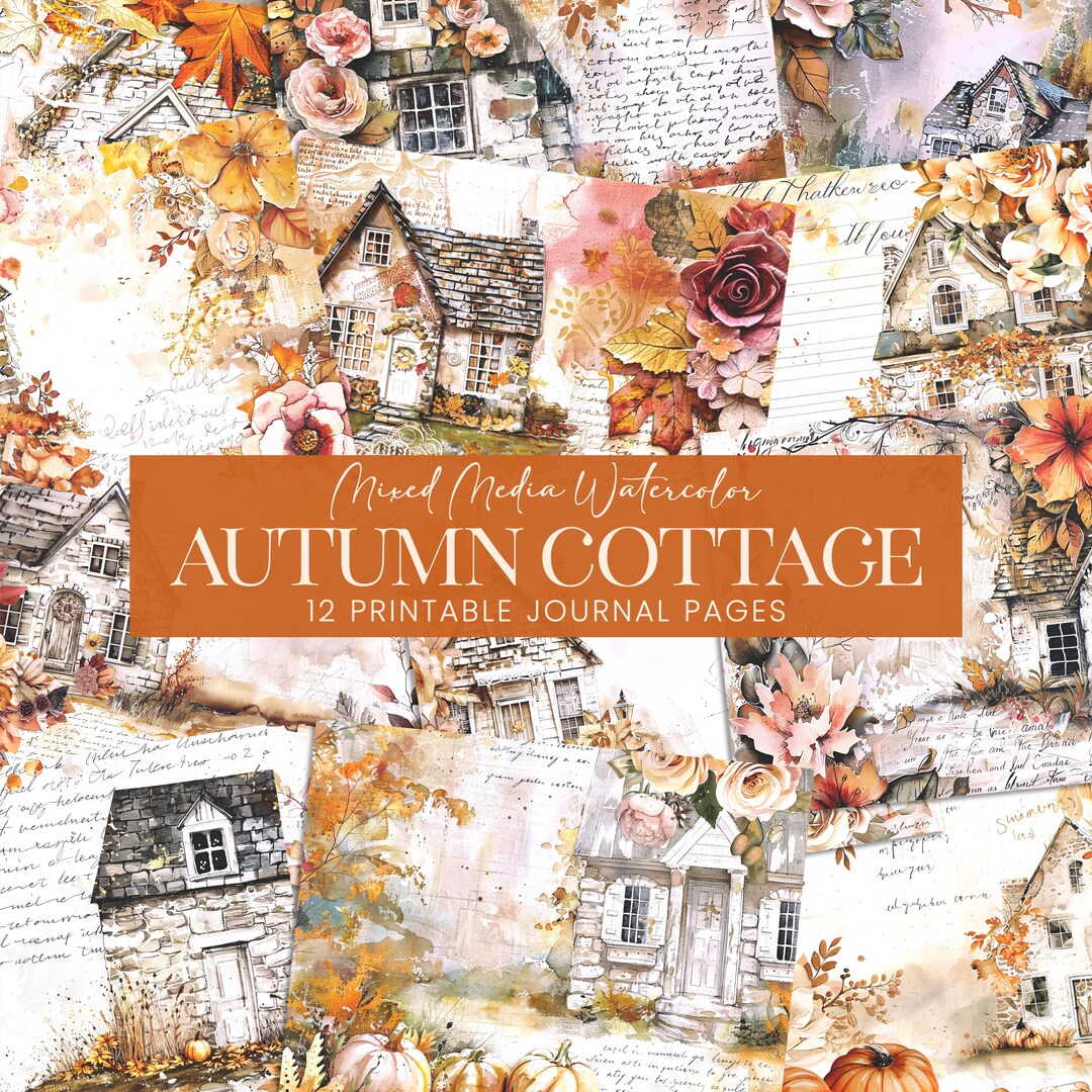 Autumn Cottages Journal Pages, Watercolor Pumpkins Writing Paper Floral ...