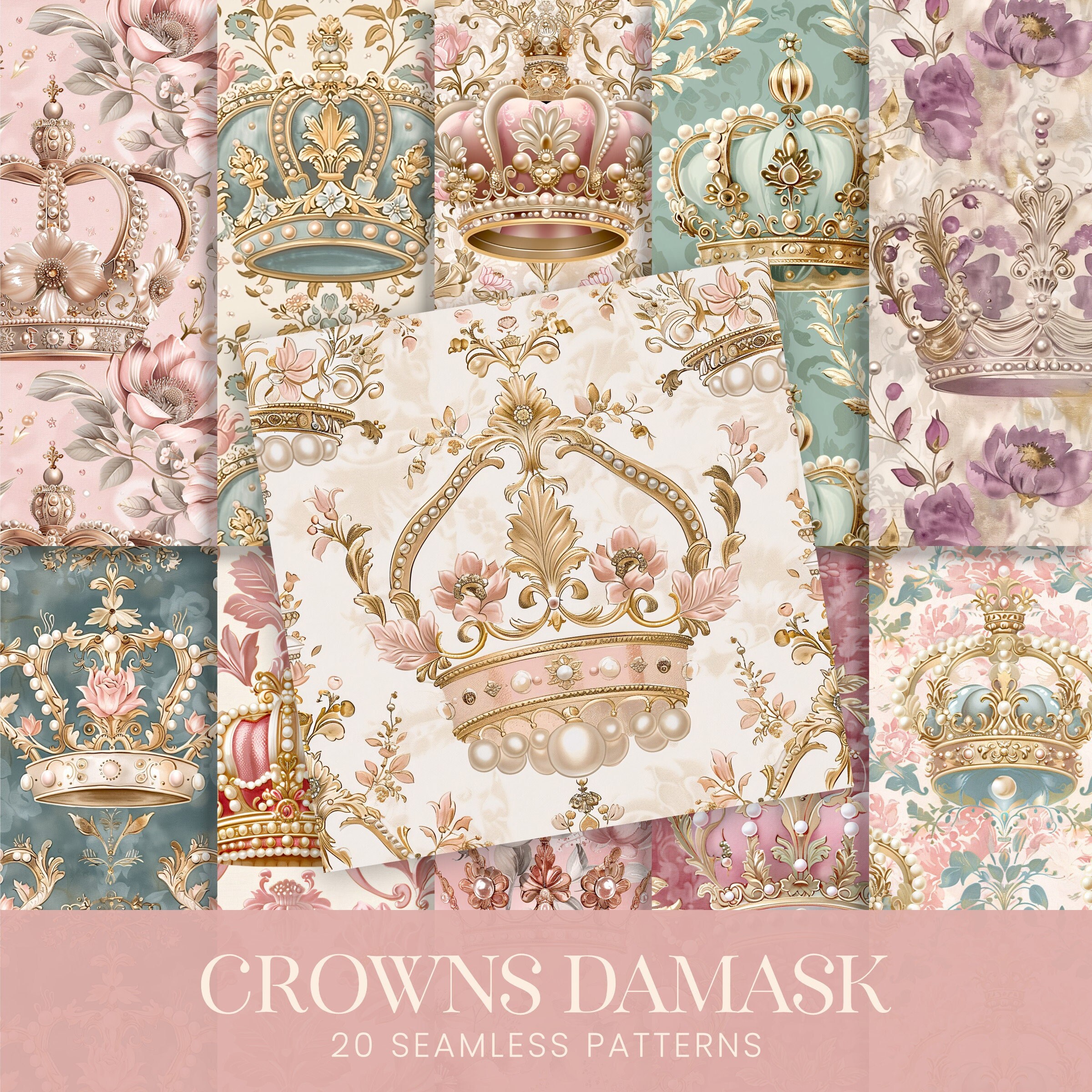Princess Crowns Damask Seamless Patterns, Pearls Gold Scrapbook Paper ...