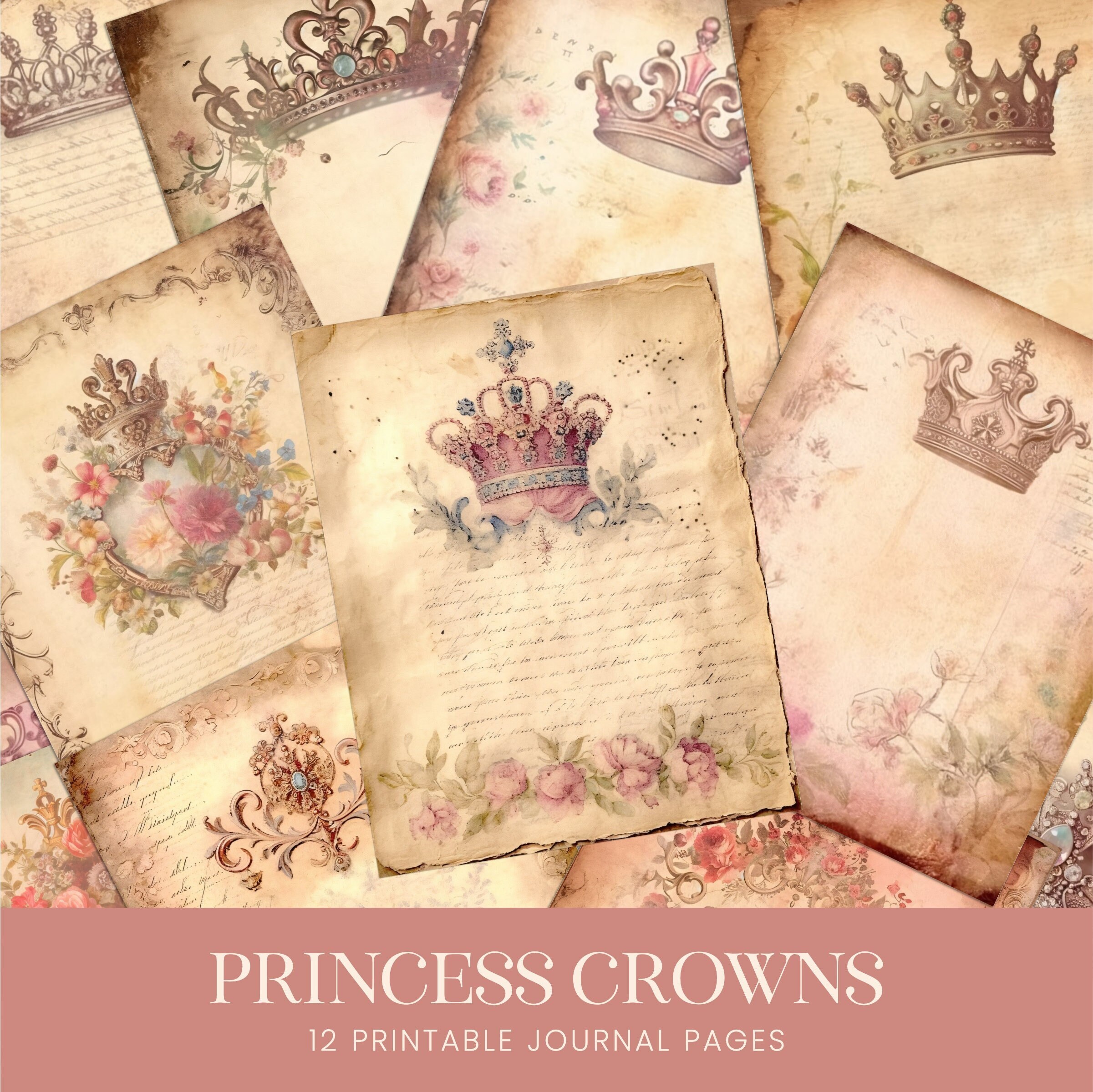 Vintage Princess Crowns Junk Journal Pages, Antique Jewels Pink ...
