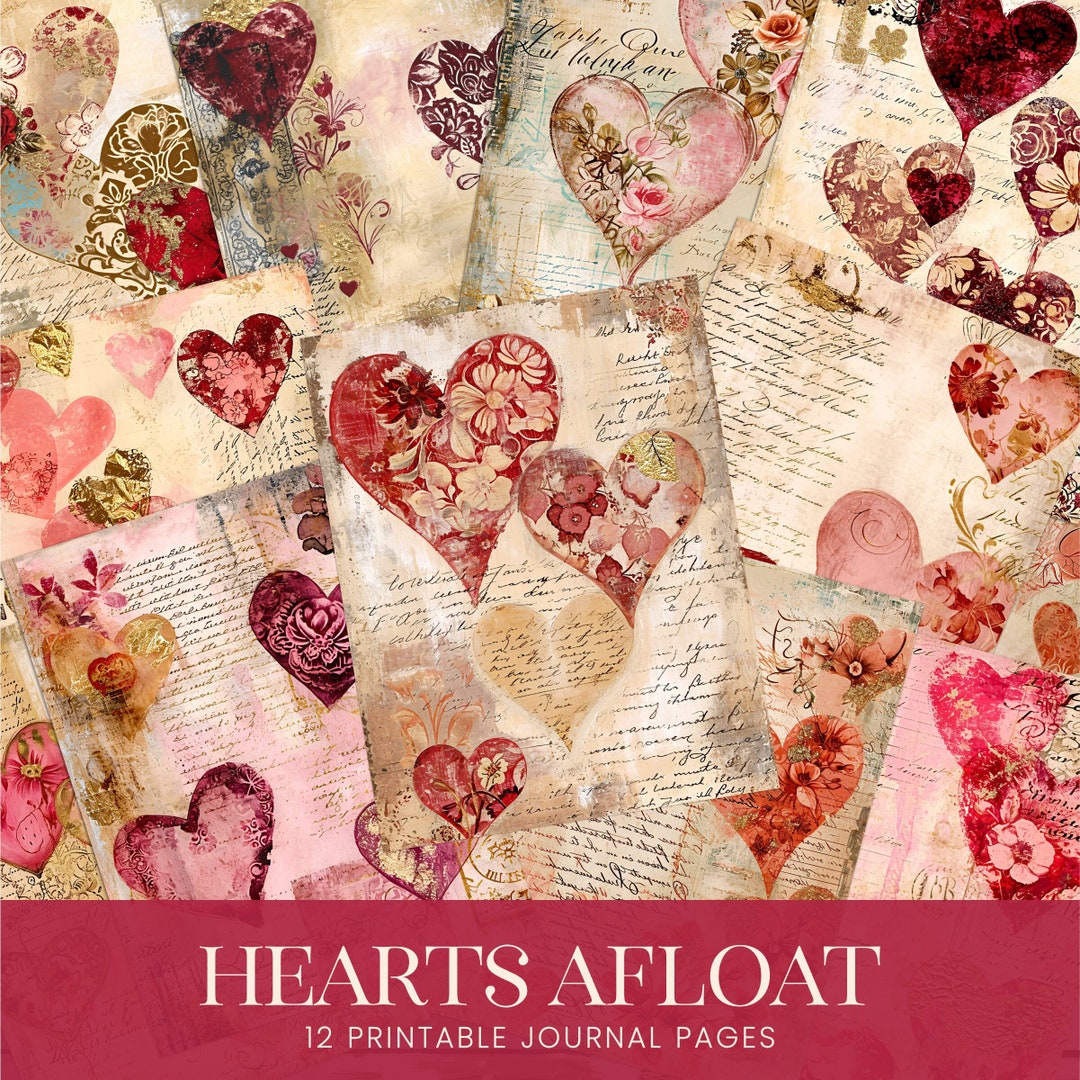 Hearts Junk Journal Pages, Stamped Watercolor Valentine's Day Digital ...