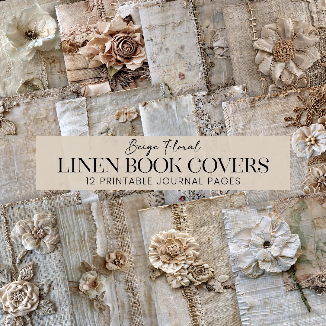 Beige Ivory Burlap Floral Book Covers, French Country Linen Cloth ...