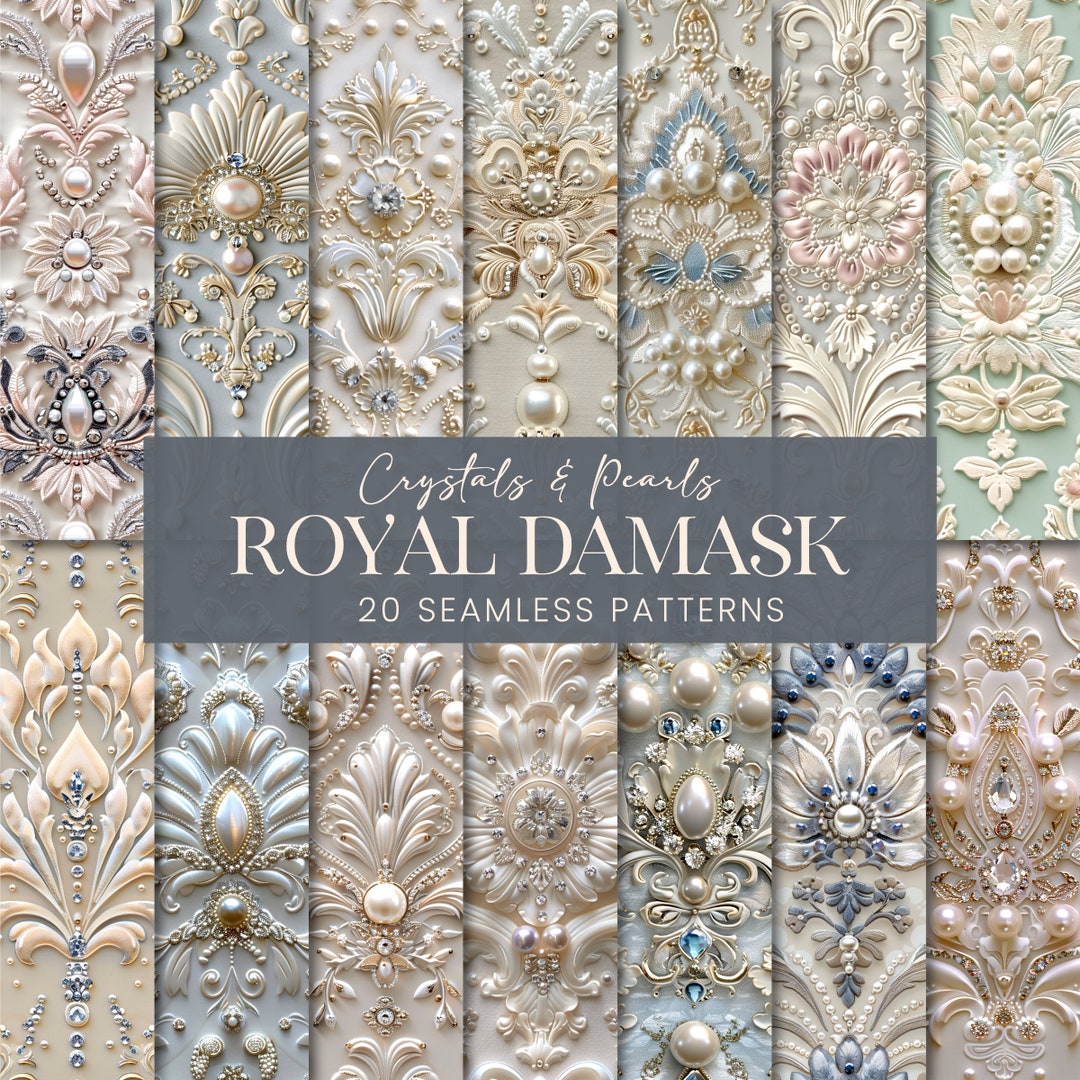 Pearls Crystals Seamless Patterns, Luxury French Damask Baroque ...