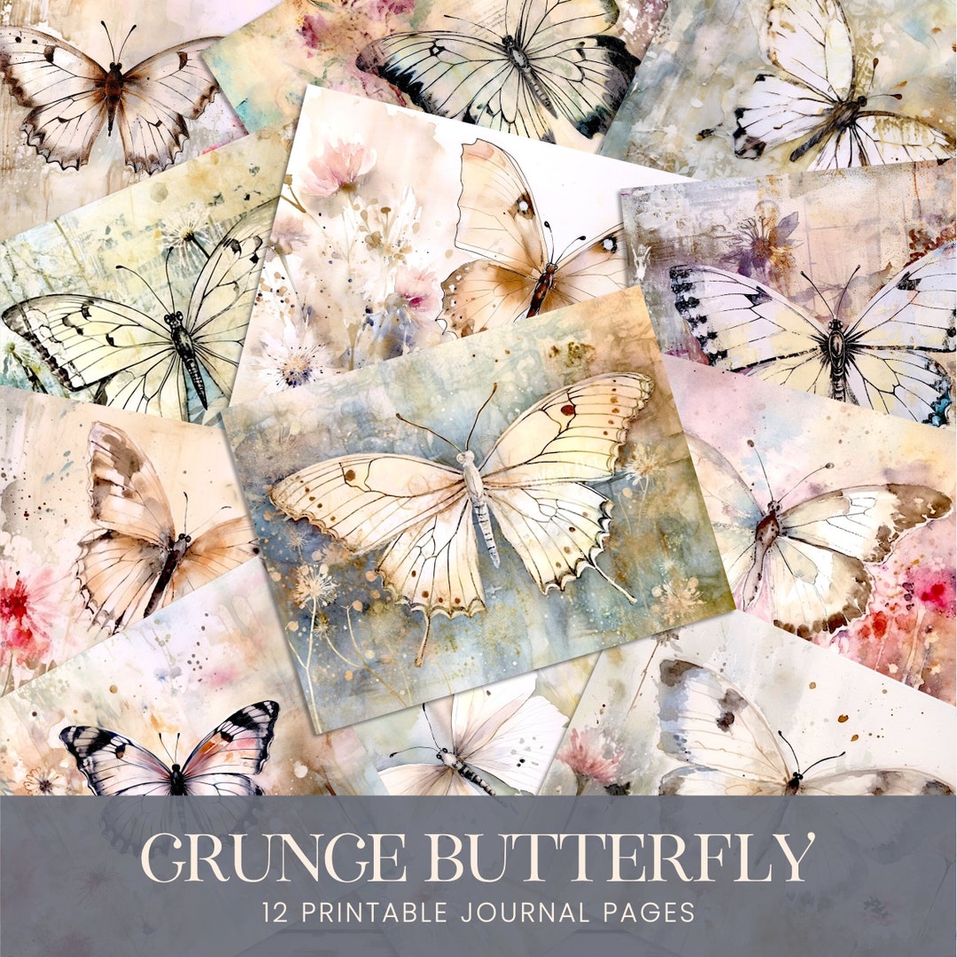Butterfly Junk Journal Pages, Grunge Plaster Insect Watercolor Digital ...
