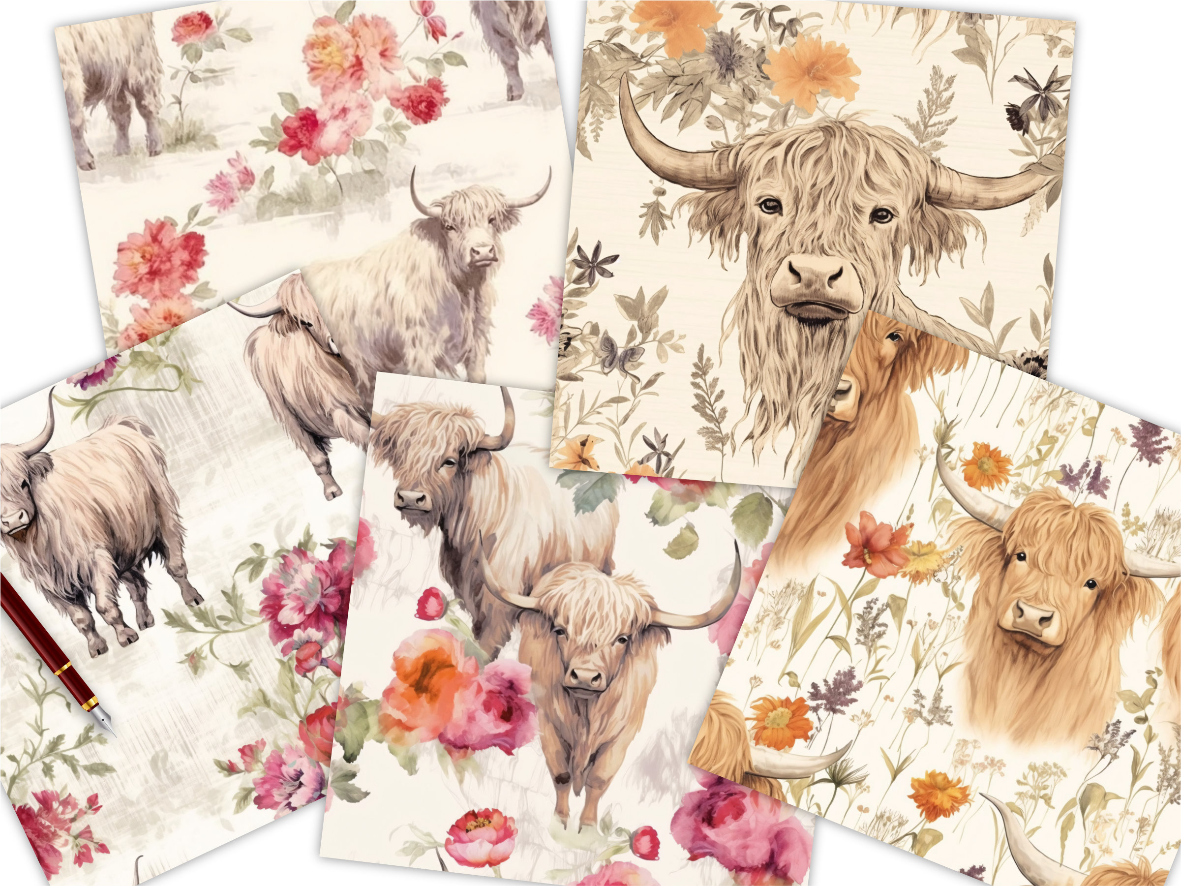 Highland Cows Seamless Patterns, Farm Animals Floral Digital Papers ...