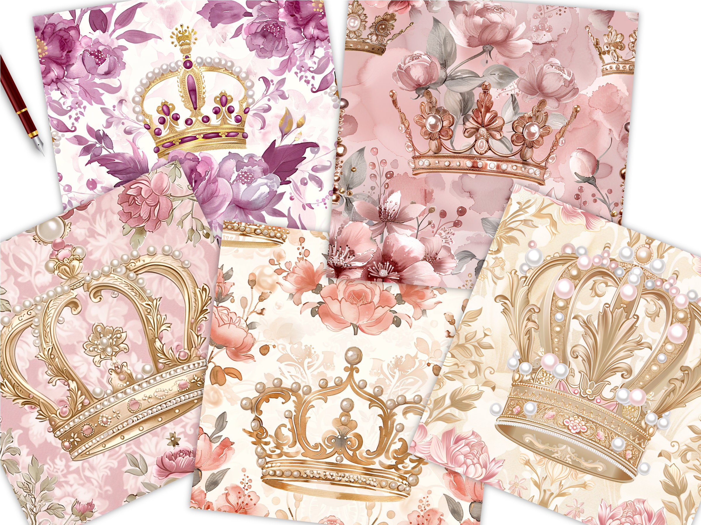 Princess Crowns Damask Seamless Patterns, Pearls Gold Scrapbook Paper ...