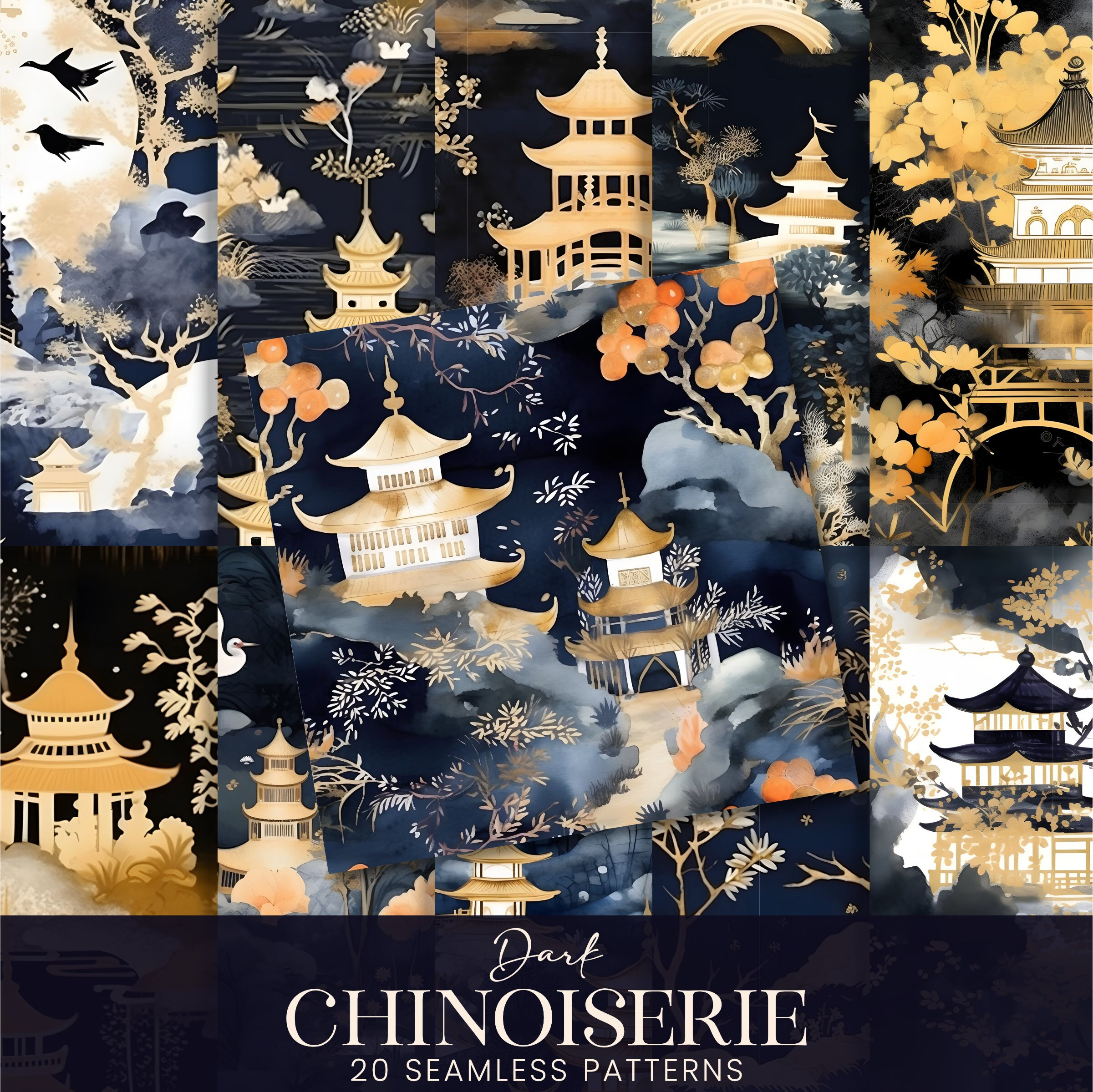 Dark Chinoiserie Digital Papers, Asian Art Scenes Seamless Patterns ...