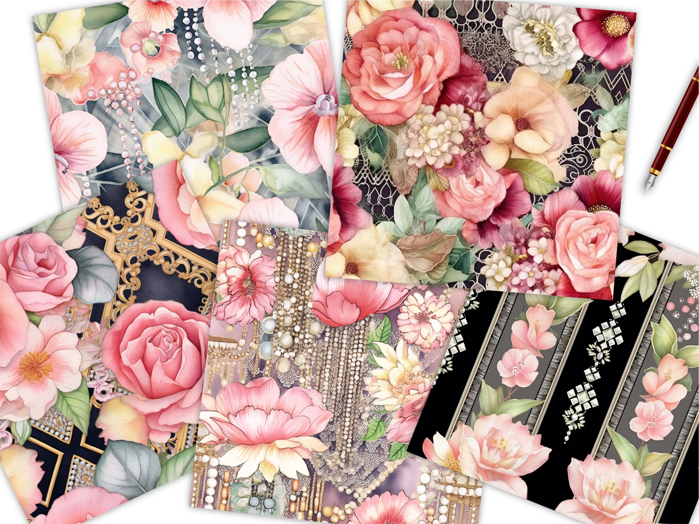 Flapper Girl Floral Seamless Patterns, Roaring 1920s Lace Pearls ...