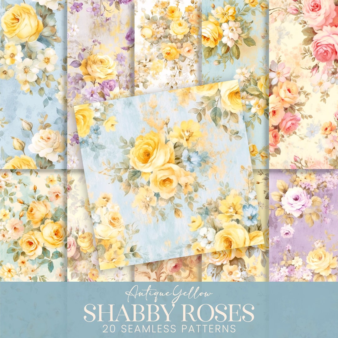 Yellow Roses Seamless Patterns, Pastel Shabby Chic Watercolor Florals ...