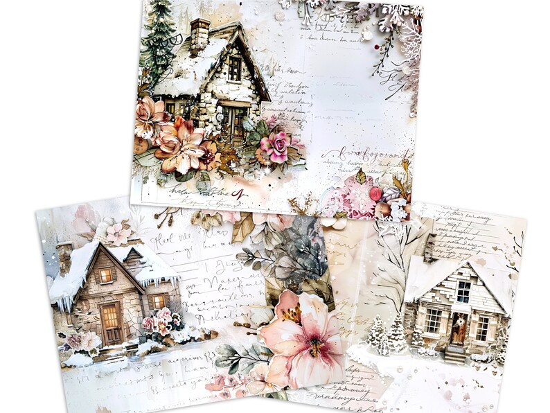 Winter Cottages Journal Pages, Watercolor Florals Writing Paper Cozy ...
