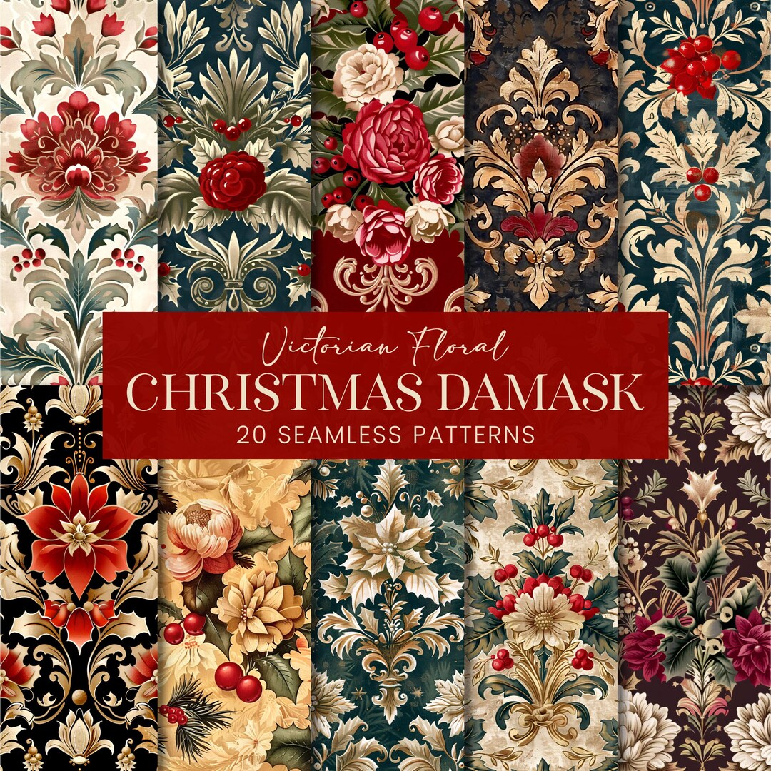 Victorian Christmas Damask Seamless Patterns, Vintage Holiday Floral ...