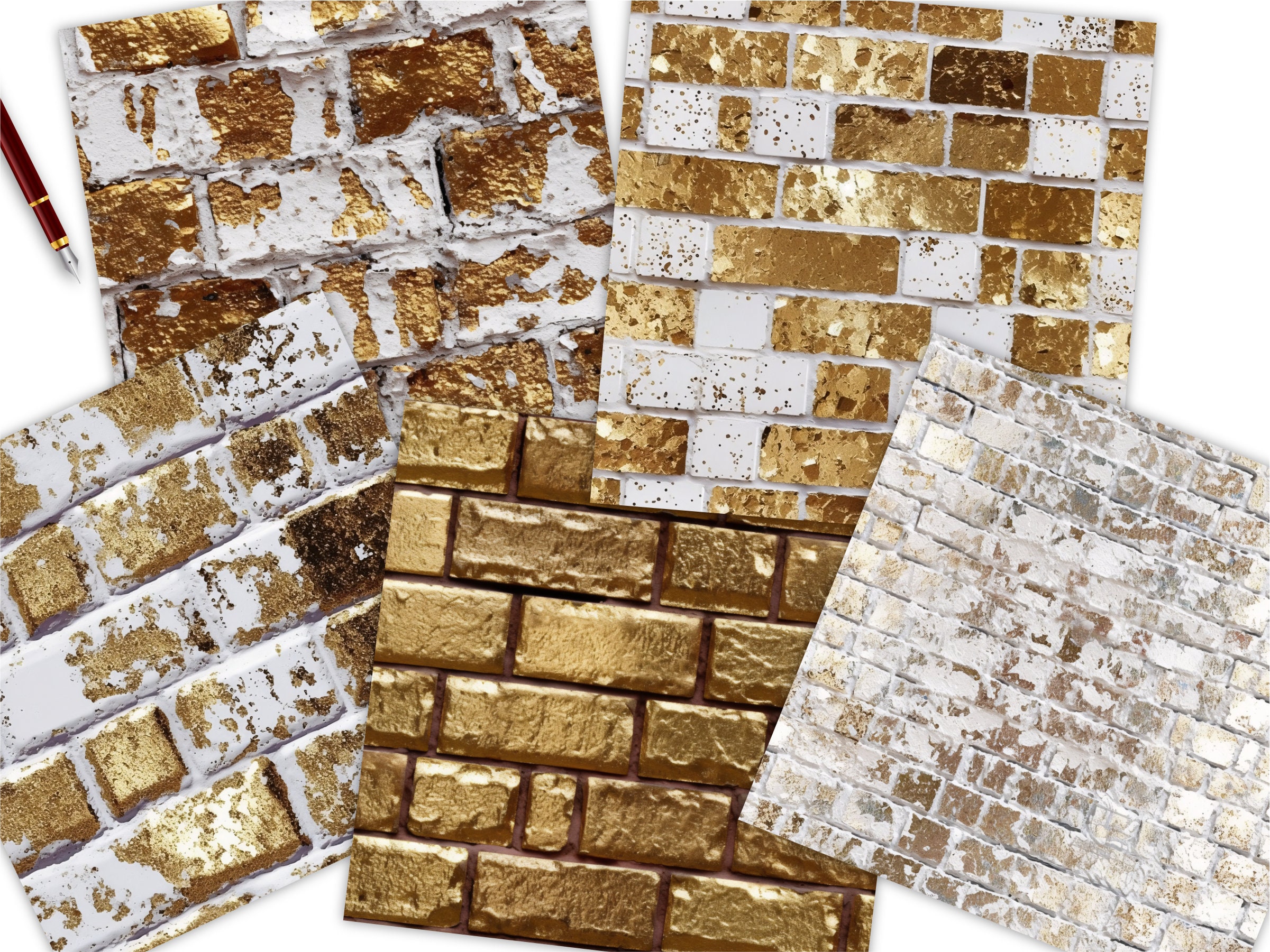 White and Gold Brick Seamless Patterns, Grunge Metallic Digital Papers ...