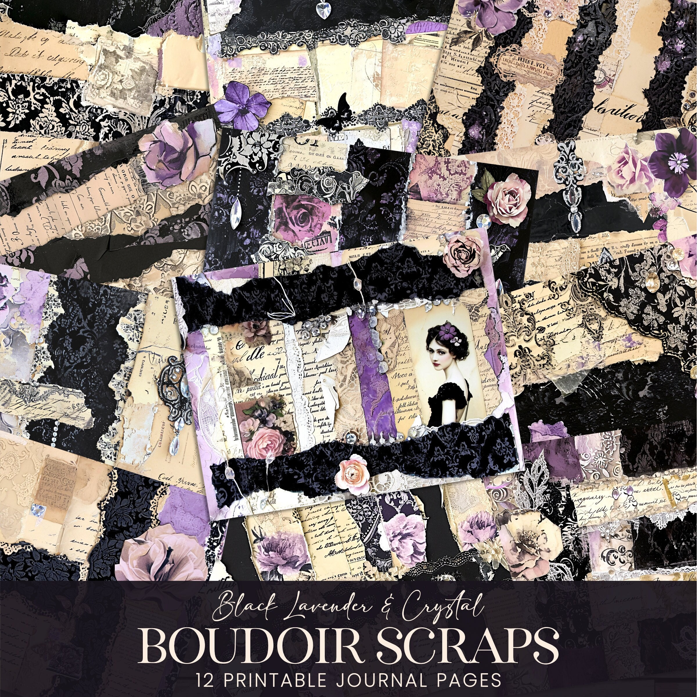 Boudoir Chic Pattern Sampler Junk Journal Pages, Black Lace Lavender ...