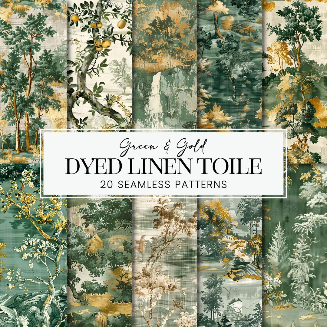Dyed Linen Toile Seamless Patterns, Natural Green Gold French Fabric ...