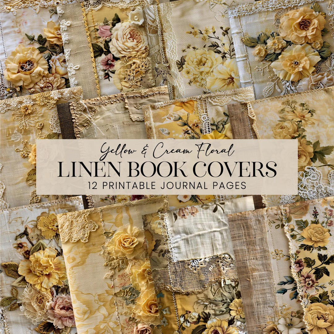 Yellow Cream Floral Linen Book Covers, Burlap Lace Muslin Cloth Fabric ...