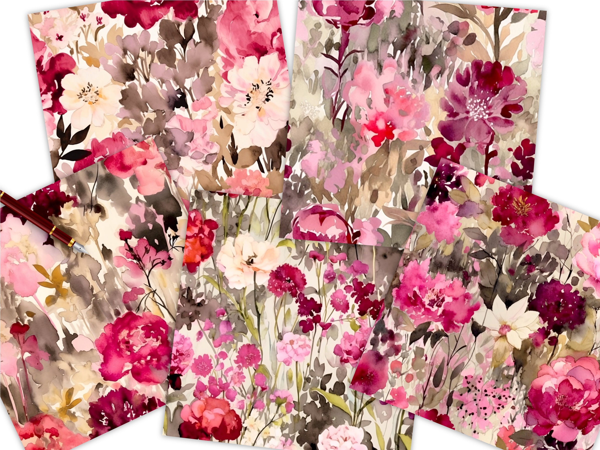 French Garden Flowers Seamless Patterns, Berry Red Pink Modern ...