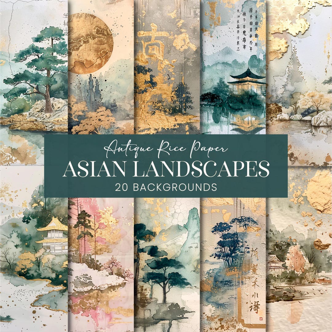 Asian Landscapes Backgrounds, Antique Japandi Rice Paper Scenes, Gold ...