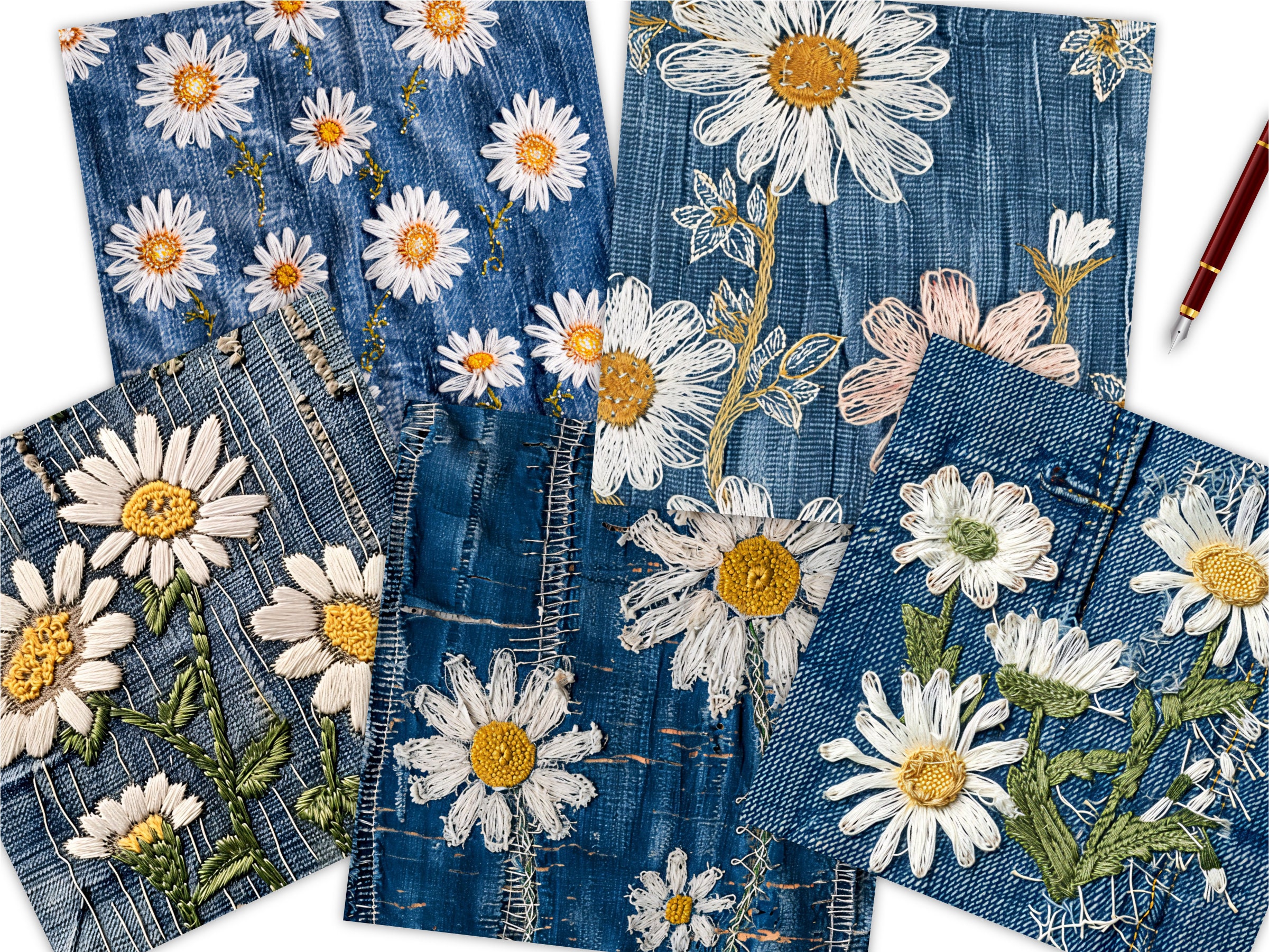 Daisy Flowers on Denim Seamless Patterns, Distressed Denim Fabric ...