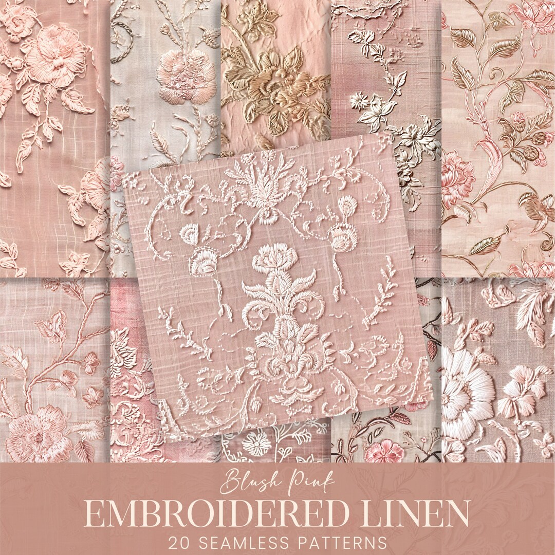 Embroidered Linen Seamless Patterns, Blush Floral Fabric Texture ...
