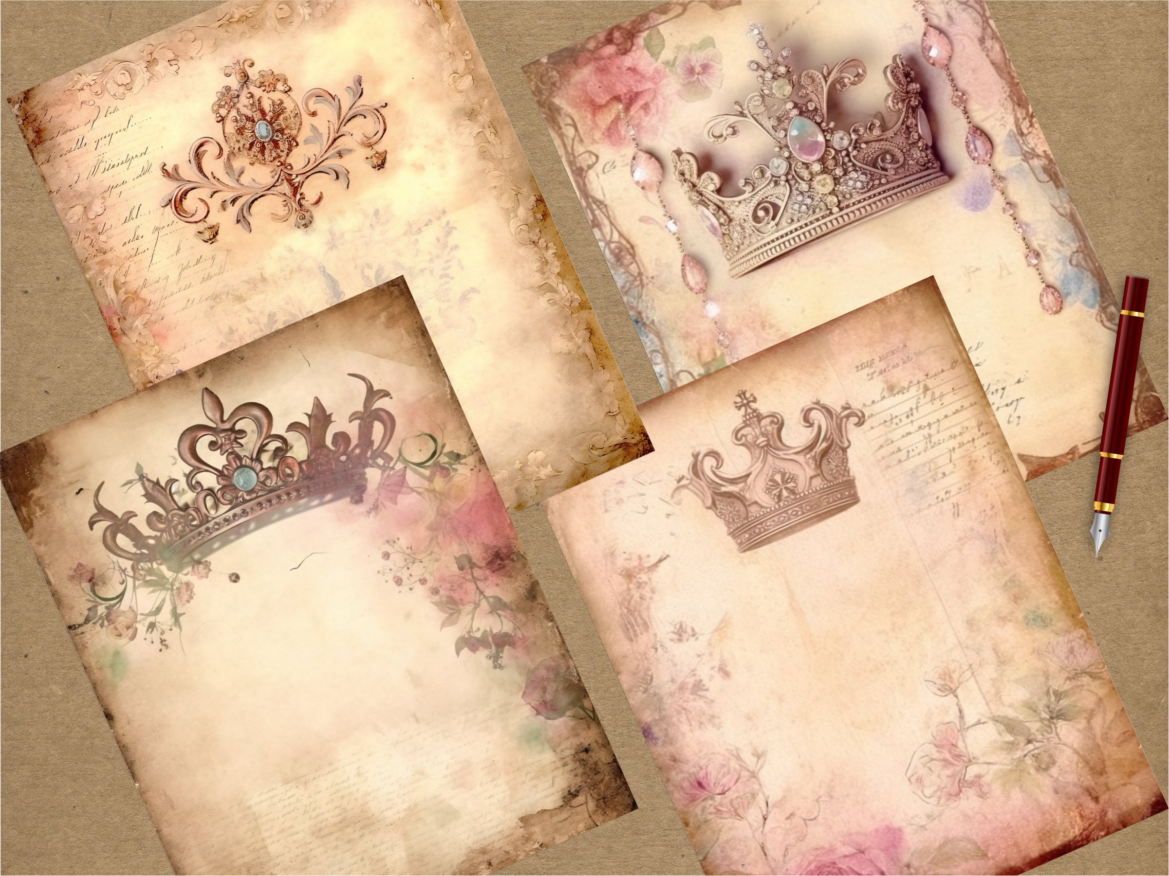 Vintage Princess Crowns Junk Journal Pages, Antique Jewels Pink ...