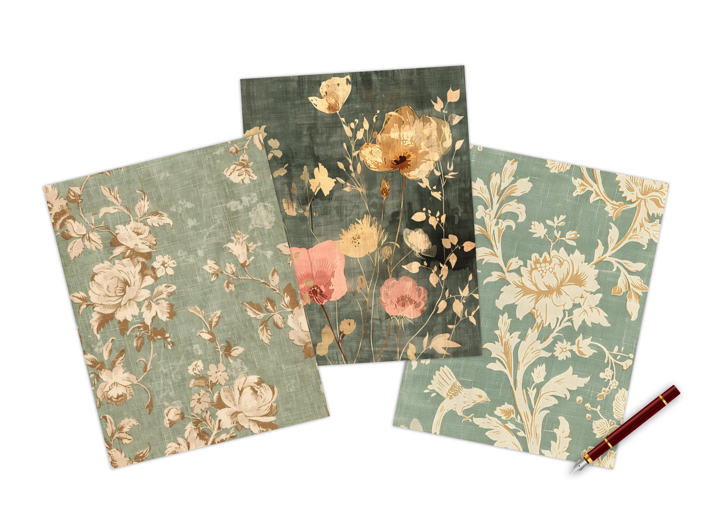 Green Floral Fabric Scrapbook Papers, Ivory Chinoiserie Blossoms Linen ...
