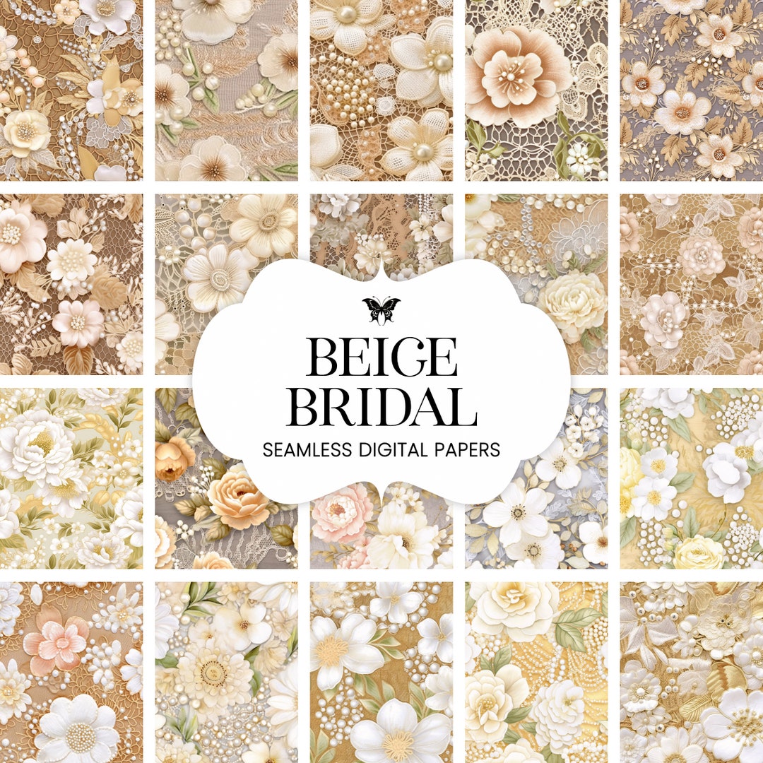 Beige Bridal Floral Lace Seamless Patterns, Cream Wedding Mesh Flowers ...