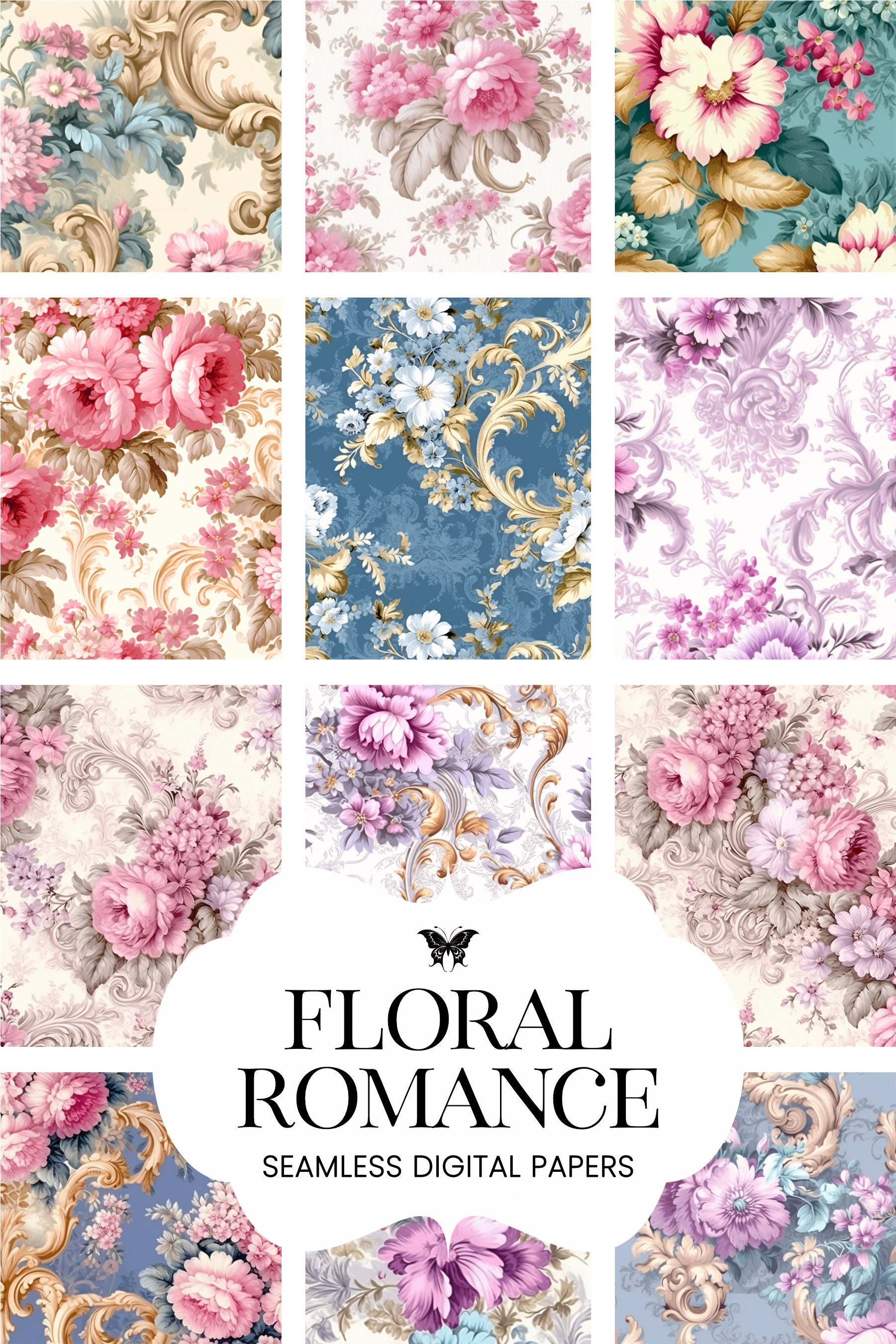 Pastel Florals Digital Papers Neoclassical Flourish Seamless - Etsy