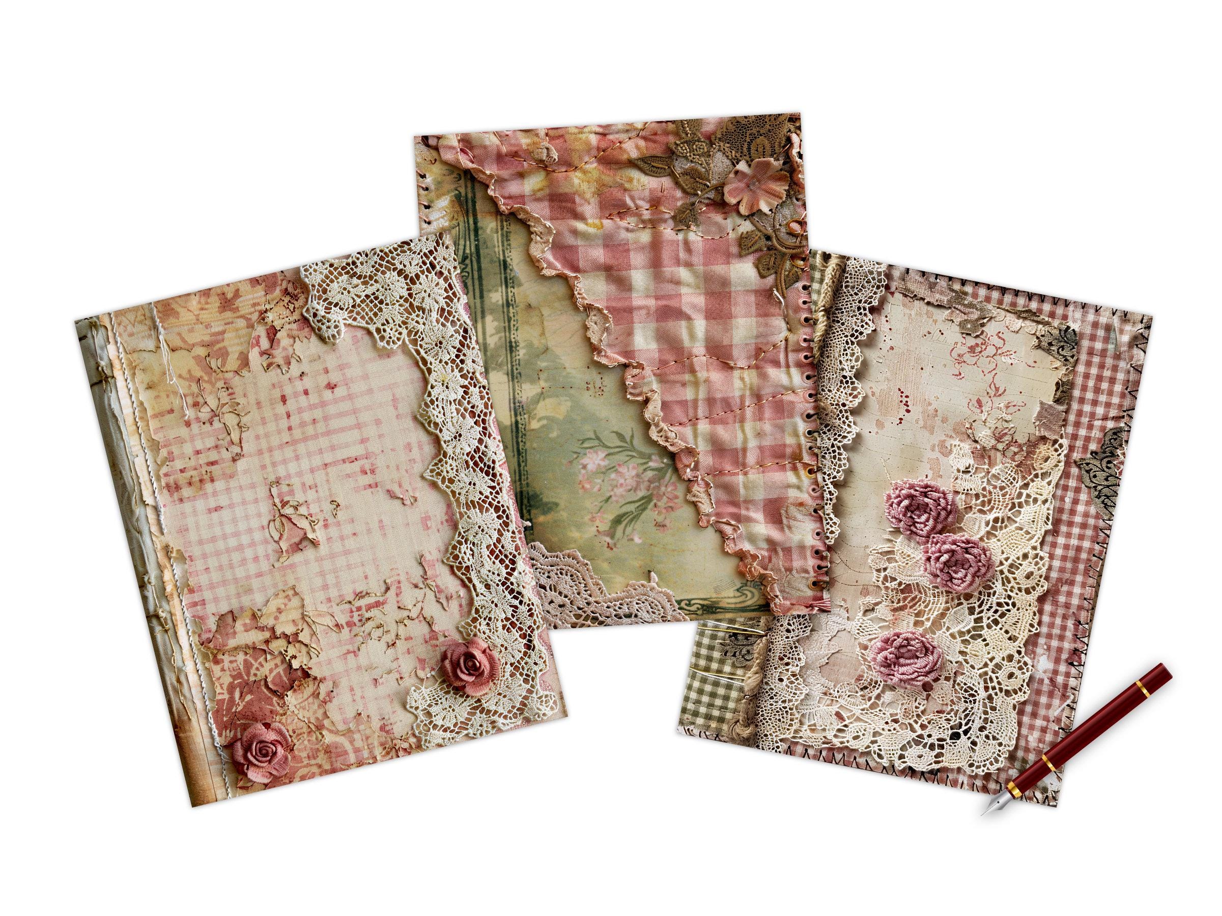Grunge Gingham Book Covers, Pink Linen Cloth Floral Fabric Junk Journal ...