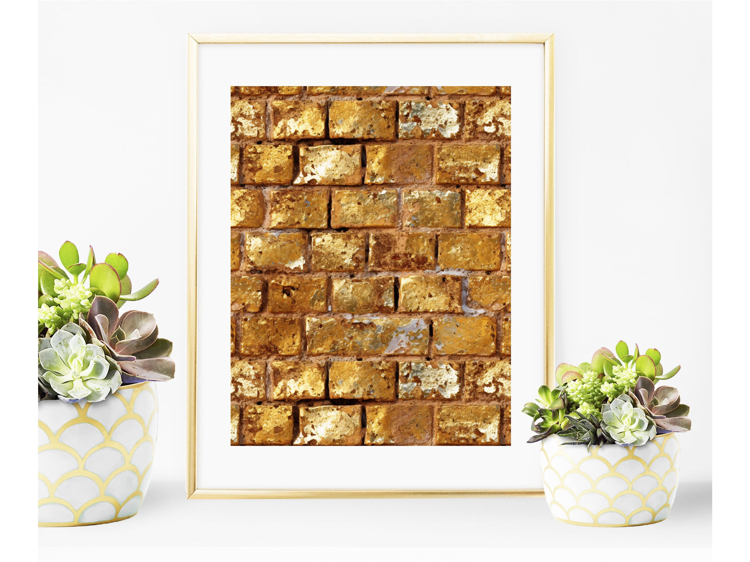 White and Gold Brick Seamless Patterns, Grunge Metallic Digital Papers ...