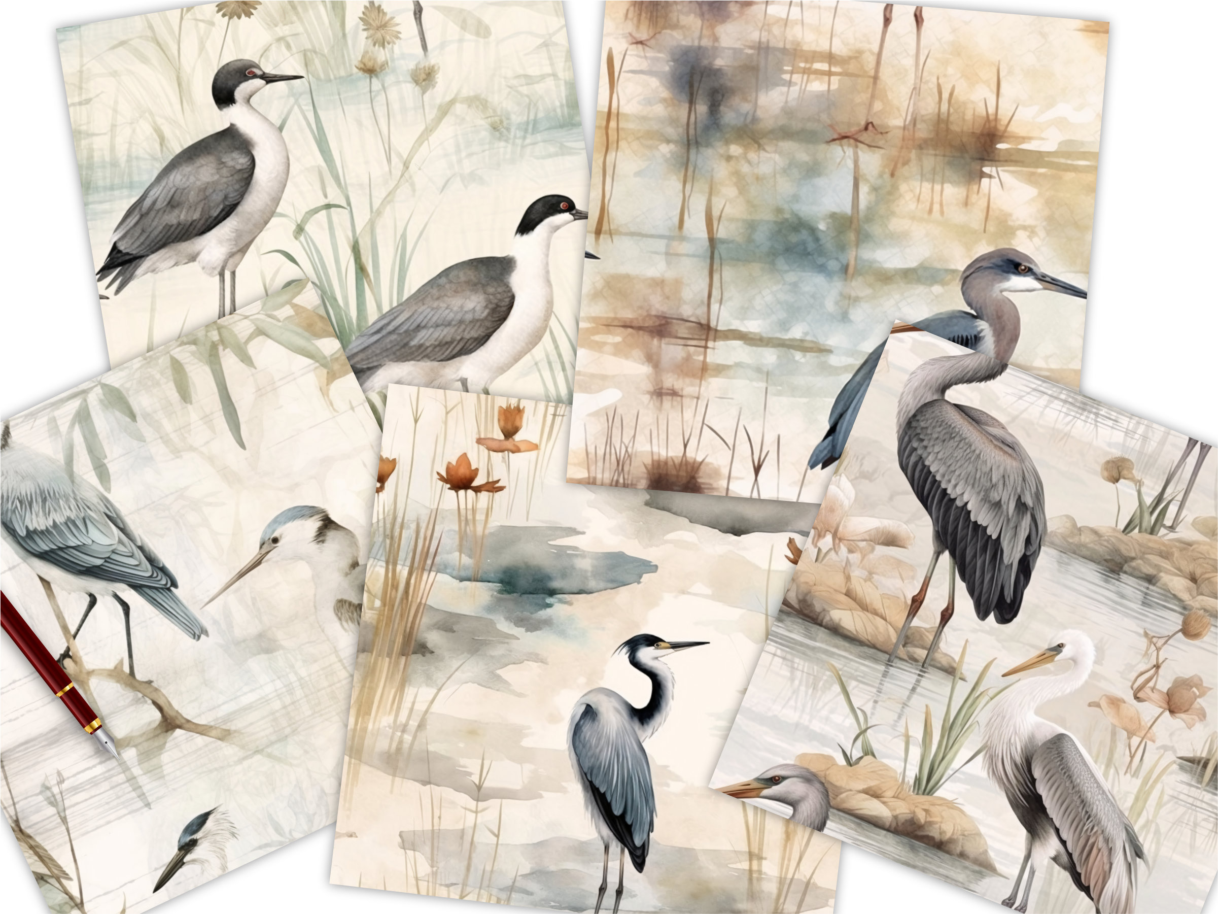 Water Fowl Seamless Patterns, Herons Egrets Storks Digital Papers ...