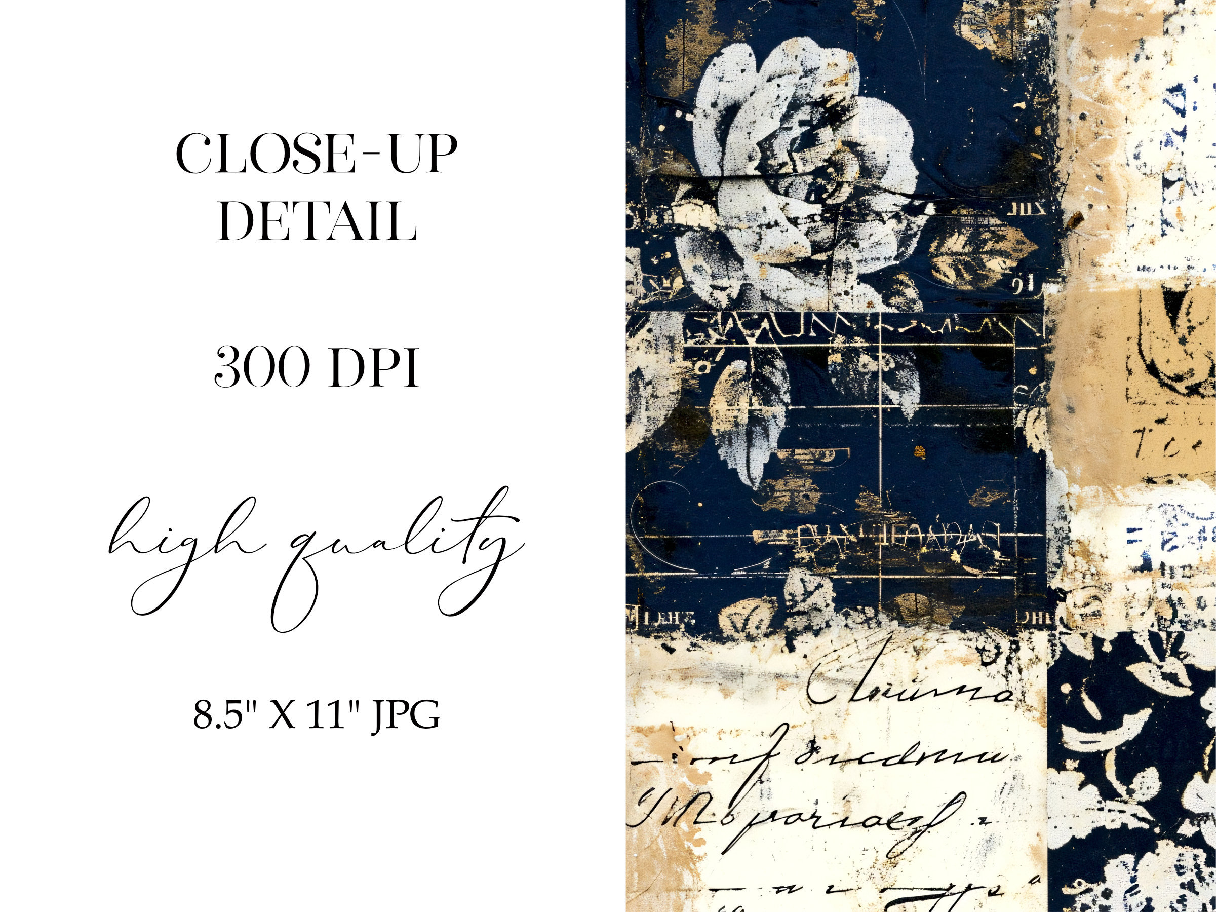 Navy Blue Junk Journal Scraps, Cream Gold Shabby Digital Papers, Grunge ...