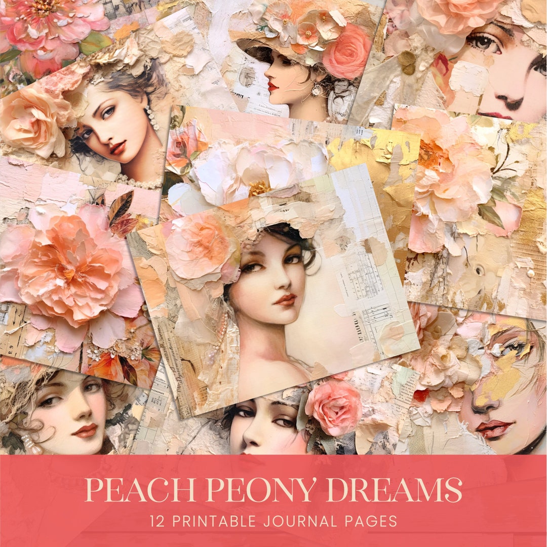 Peach Peony Mixed Media Junk Journal Pages, Salmon Gold Florals Digital ...