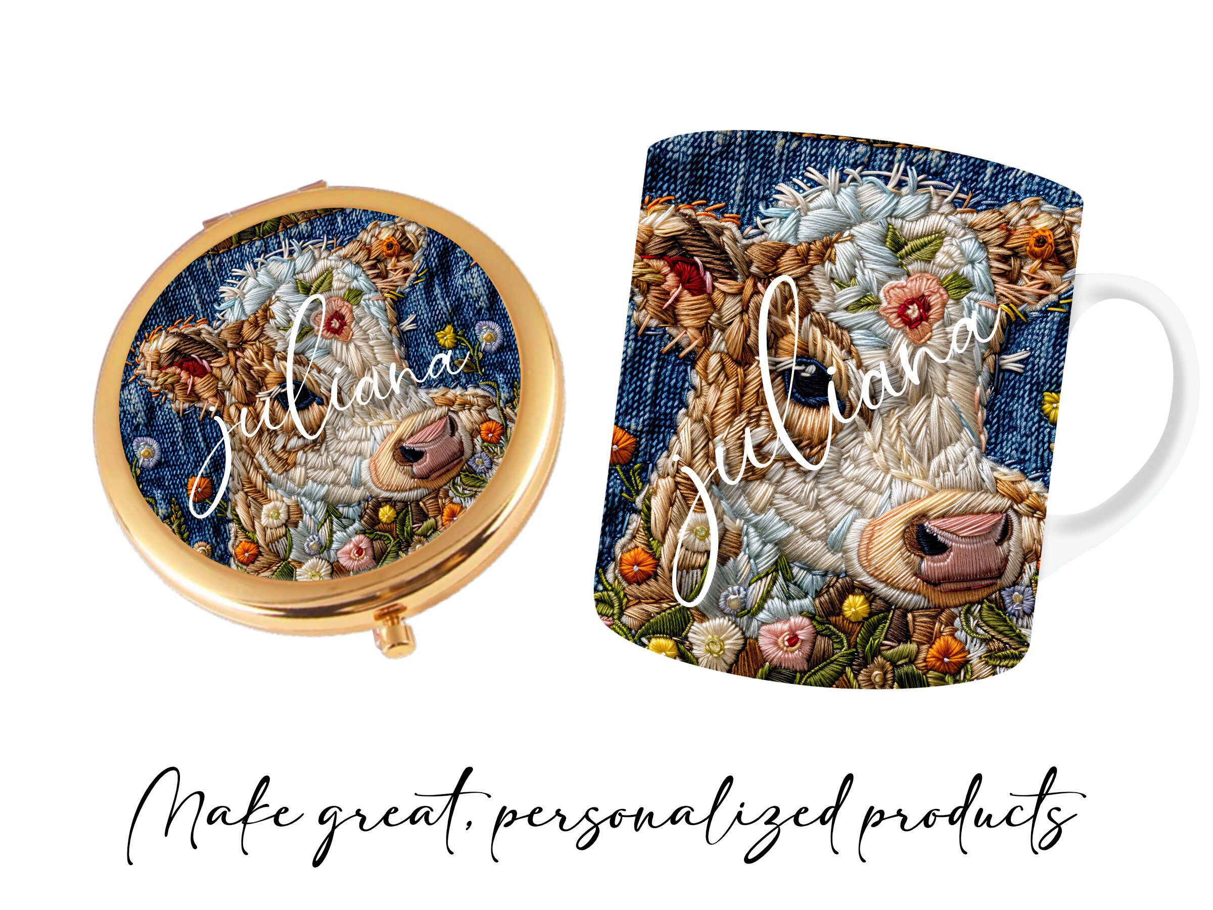 Embroidered Cows Denim Seamless Patterns, Cute Western Highland Cow on ...