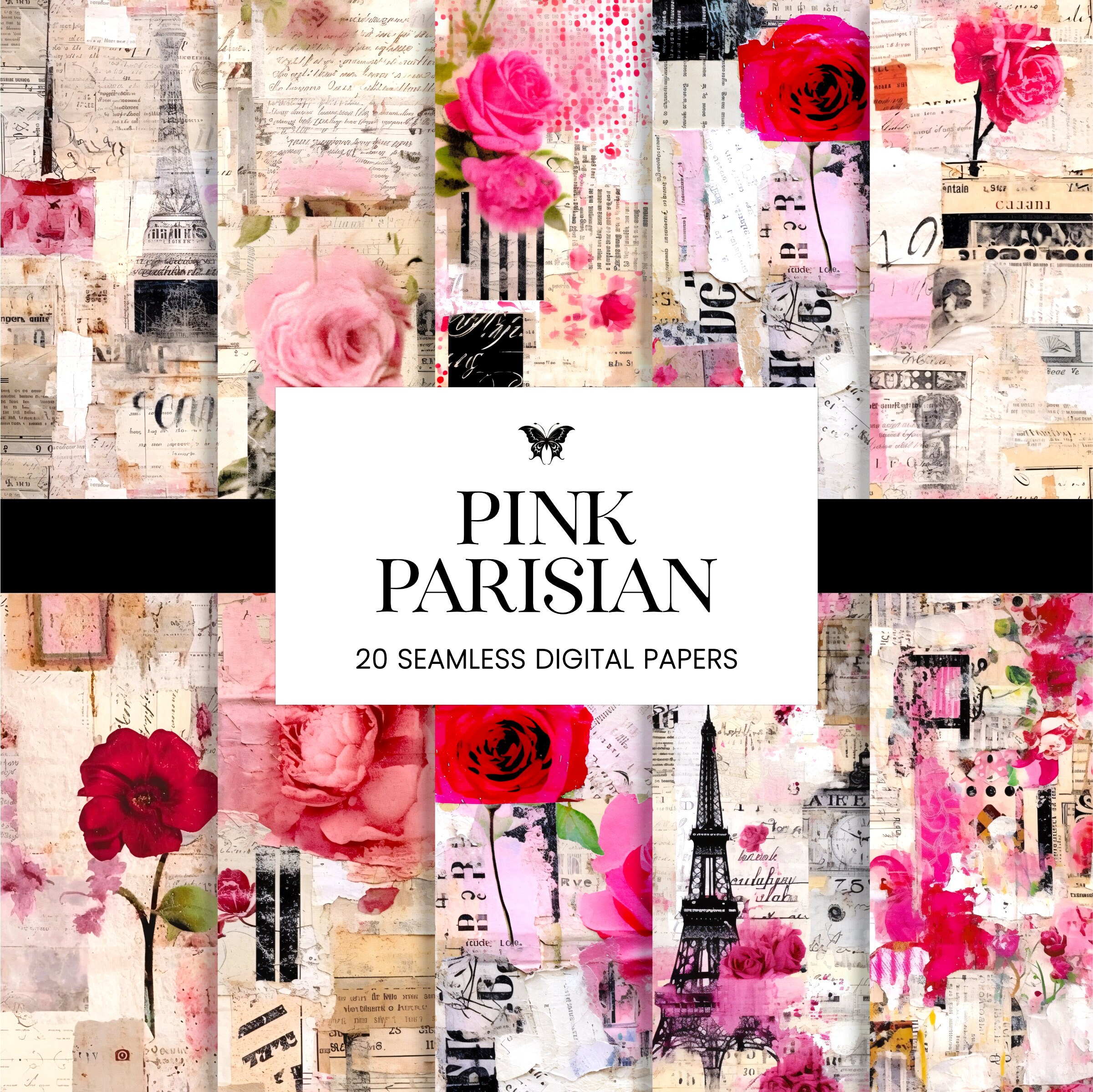 Pink Paris Collage Seamless Patterns, Distressed French Junk Journal ...