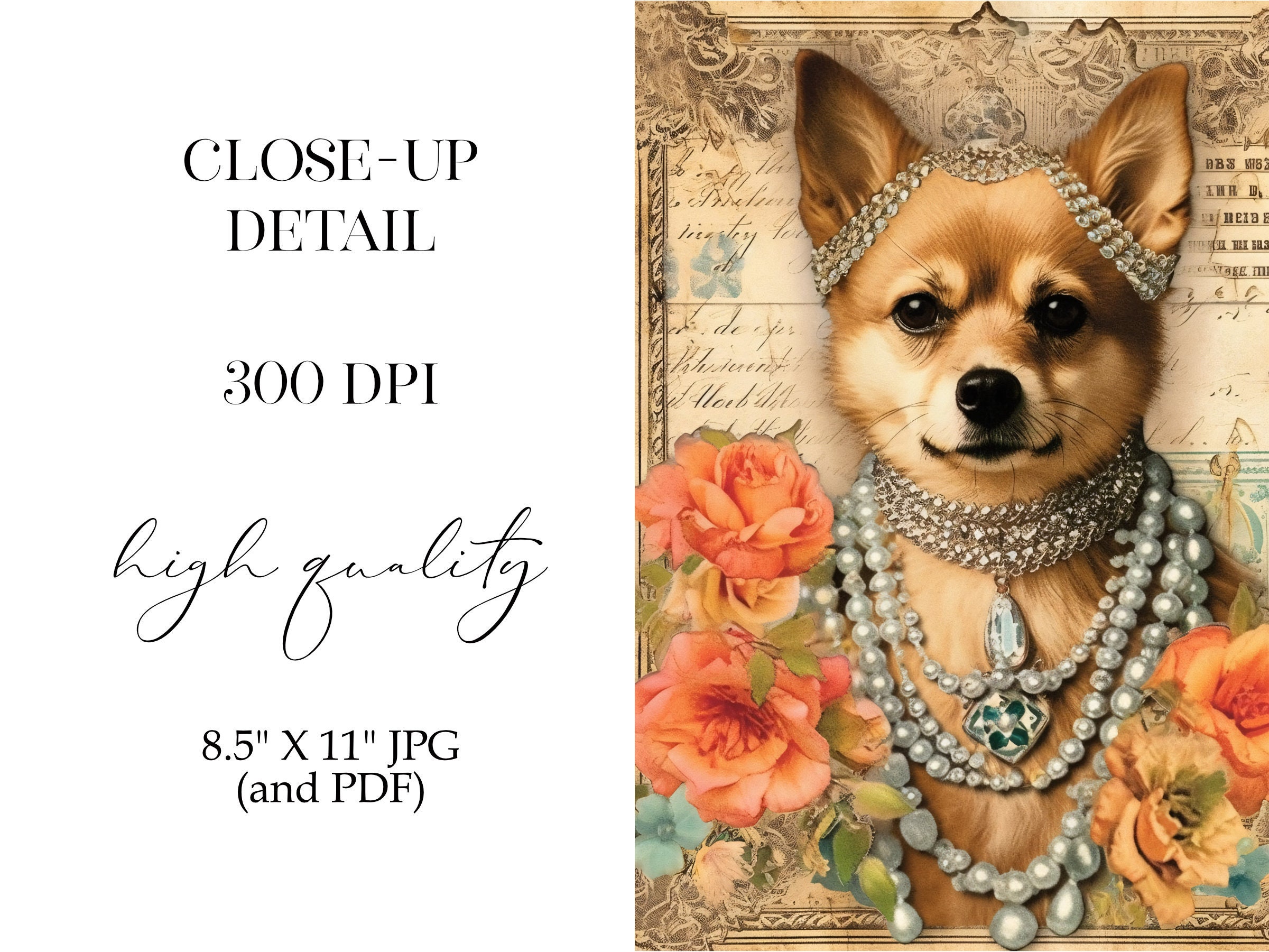Dogs in Jewels Junk Journal Pages, Antique Jewelry Puppies Digital ...